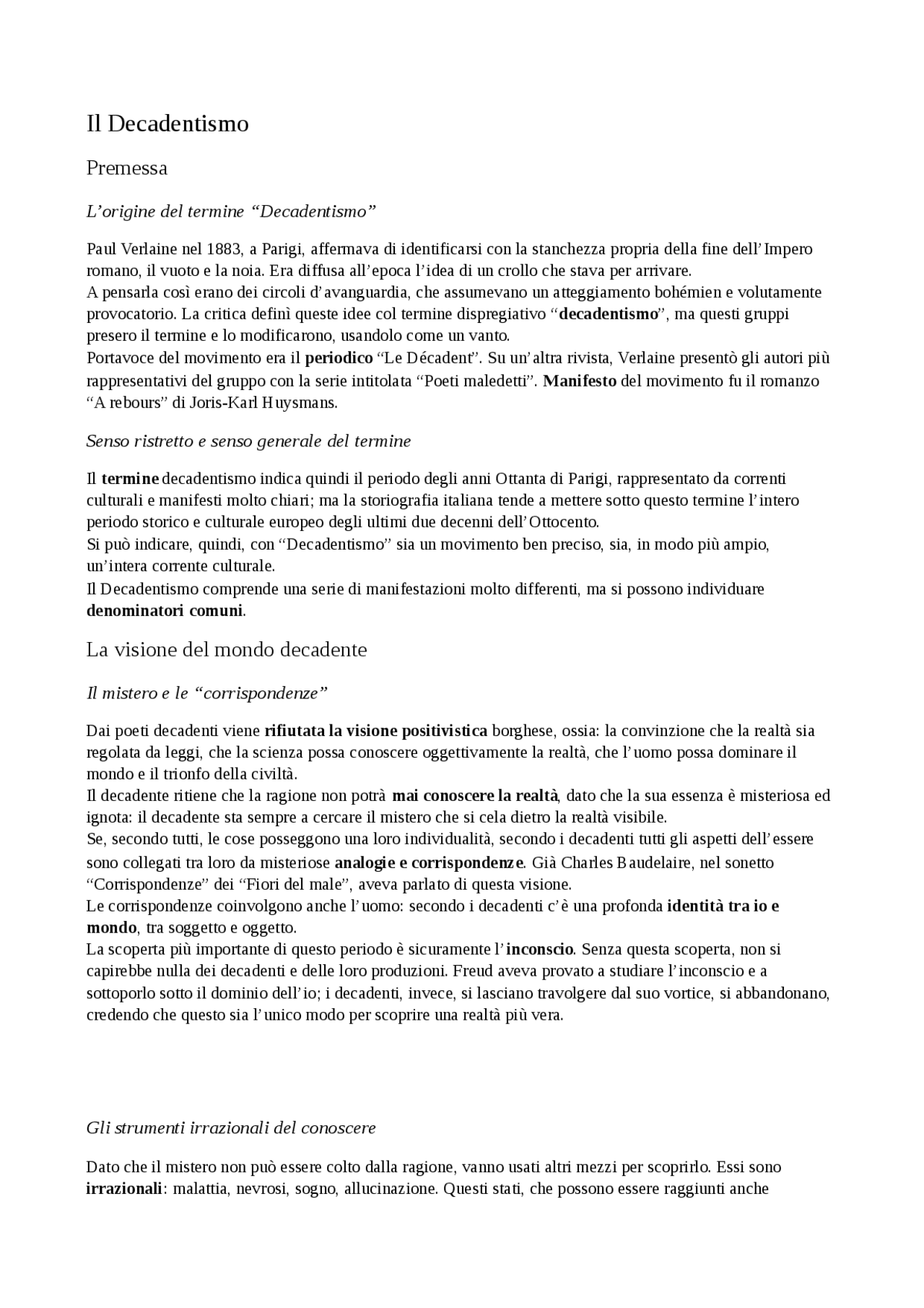 Decadentismo Ne Il Piacere Dei Testi Docsity