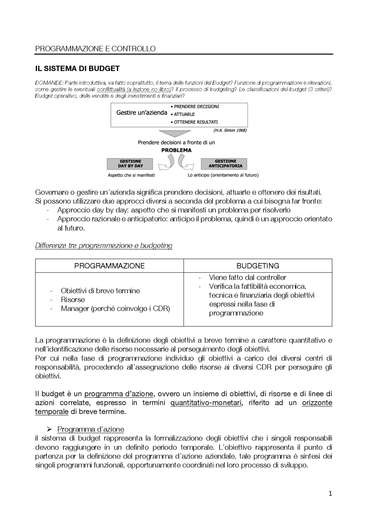 Programmazione e controllo - SECONDA PARTE | Appunti di Programmazione e controllo | Docsity