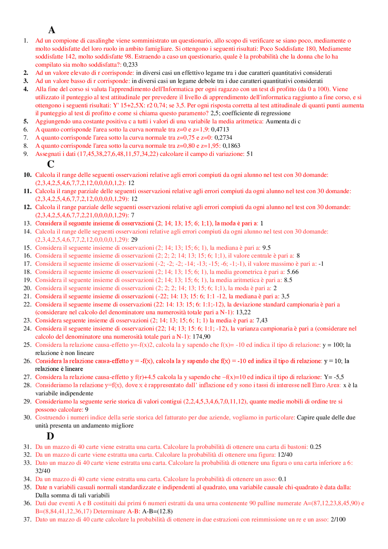 Test Statistica Universita Telematica Pegaso Docsity