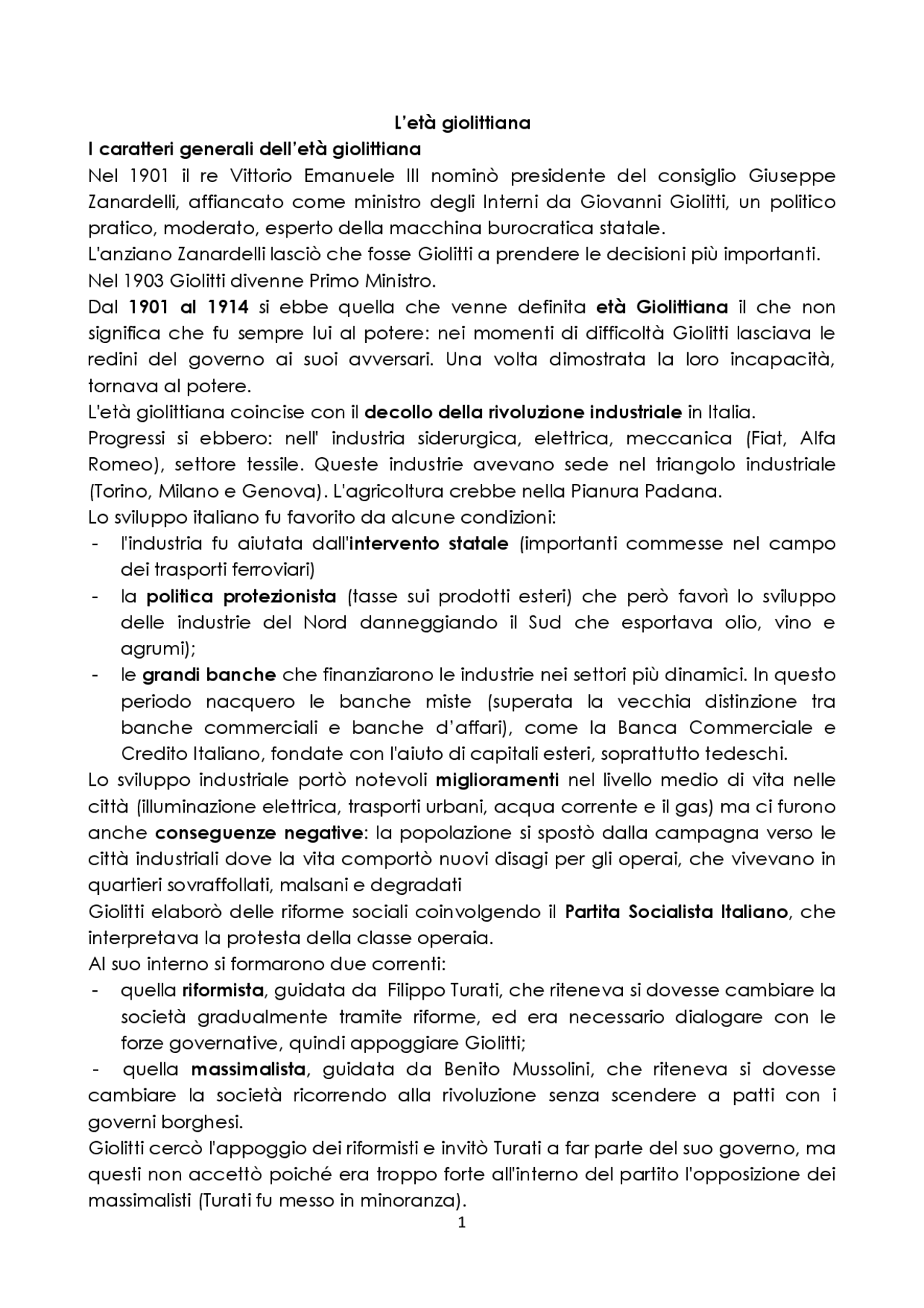 I caratteri generali dell’età giolittiana - Docsity