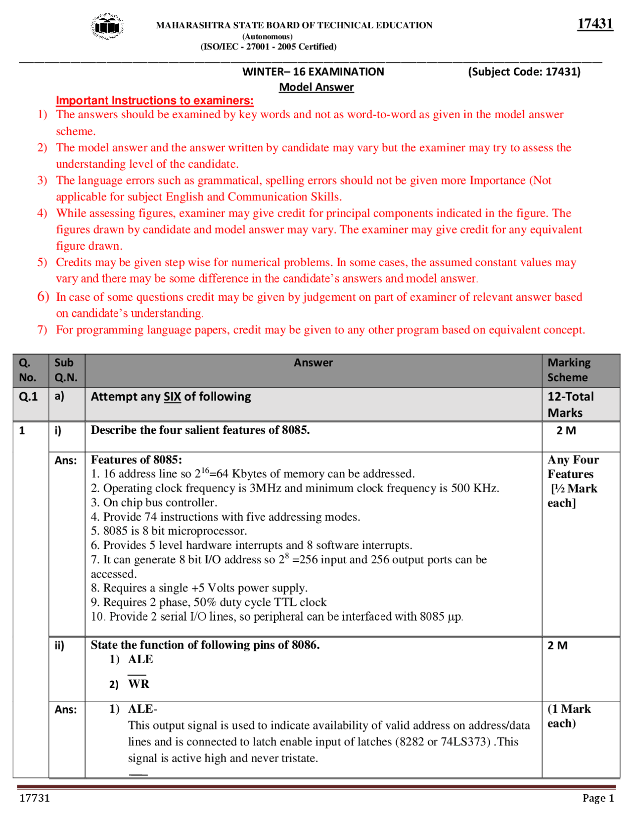Model Answer Paper Of Microprocessor Exams Microprocessors Docsity