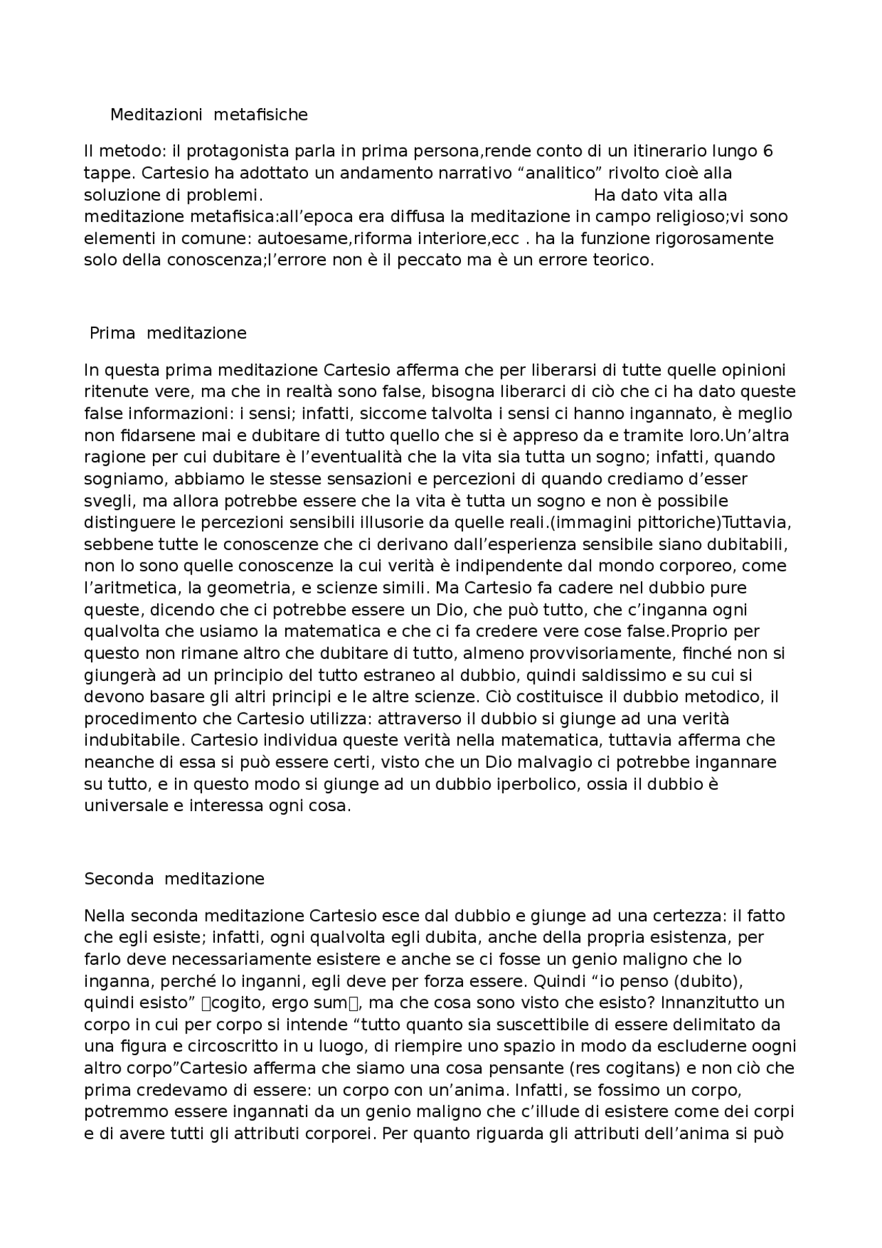 Meditazioni Metafisiche Cartesio Docsity