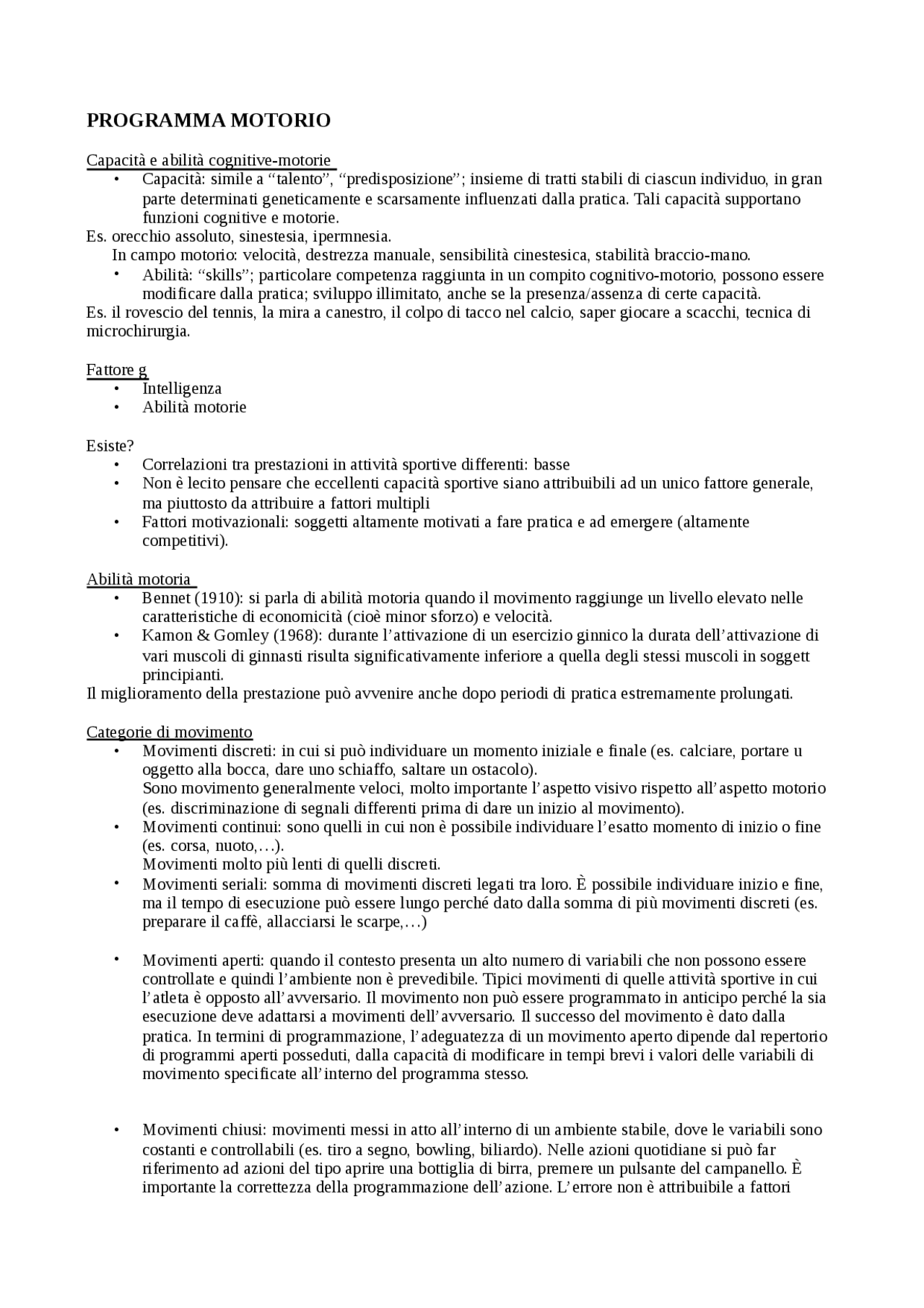 Apprendimento e programma motorio in psicologia - Docsity