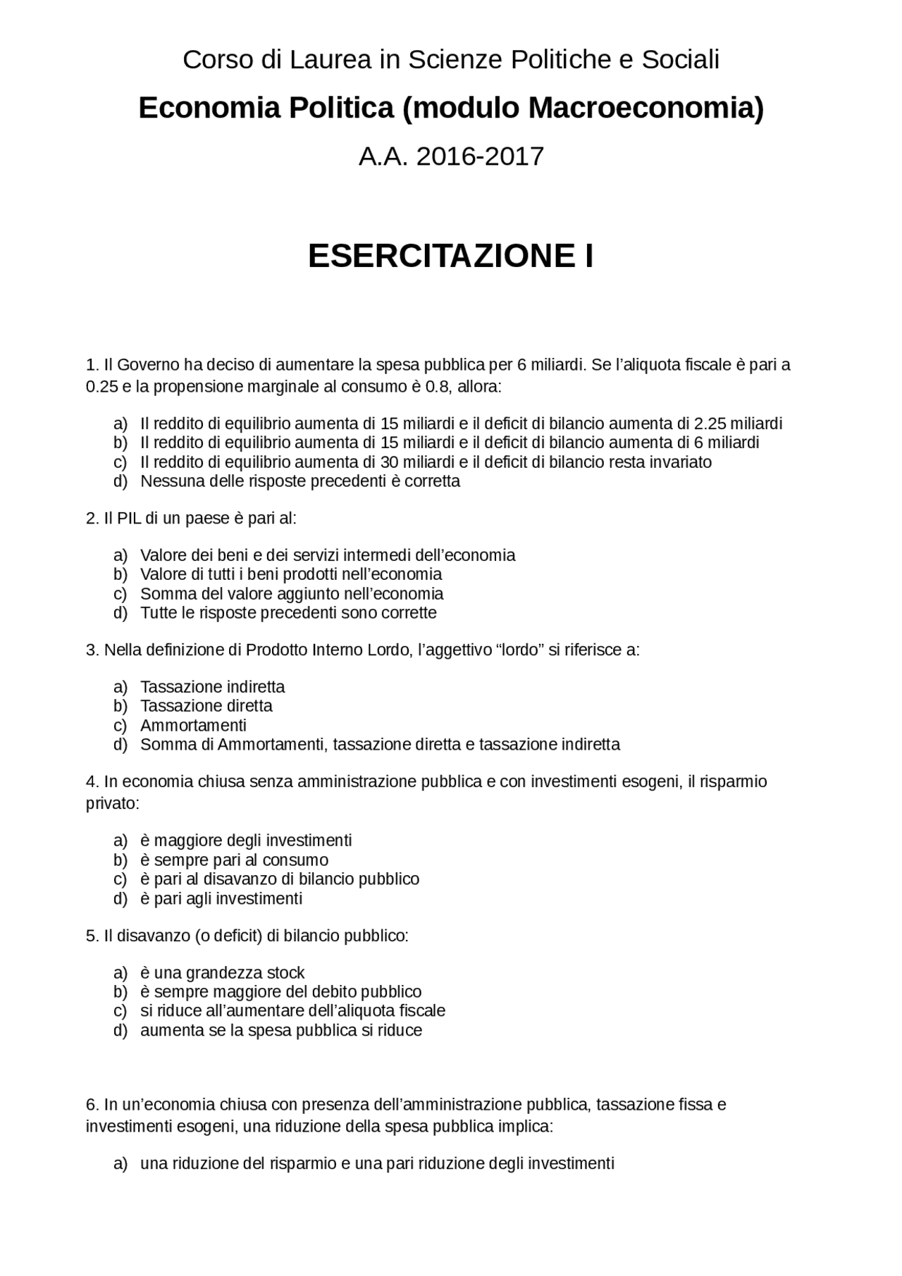 Esercitazione esame di Economia politica (modulo macroeconomia). - Docsity