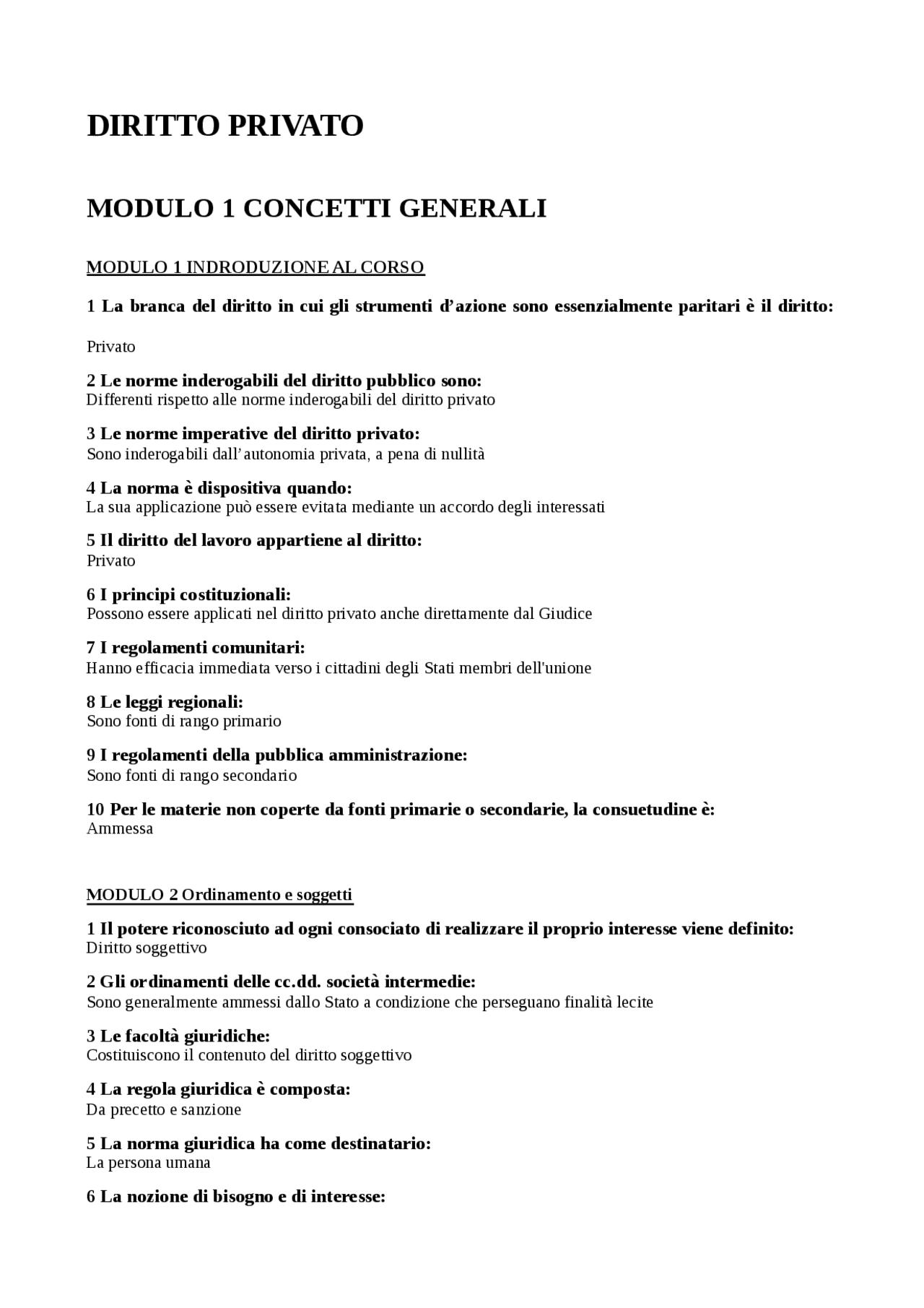 Quiz Piattaforma Diritto Privato Pegaso Docsity