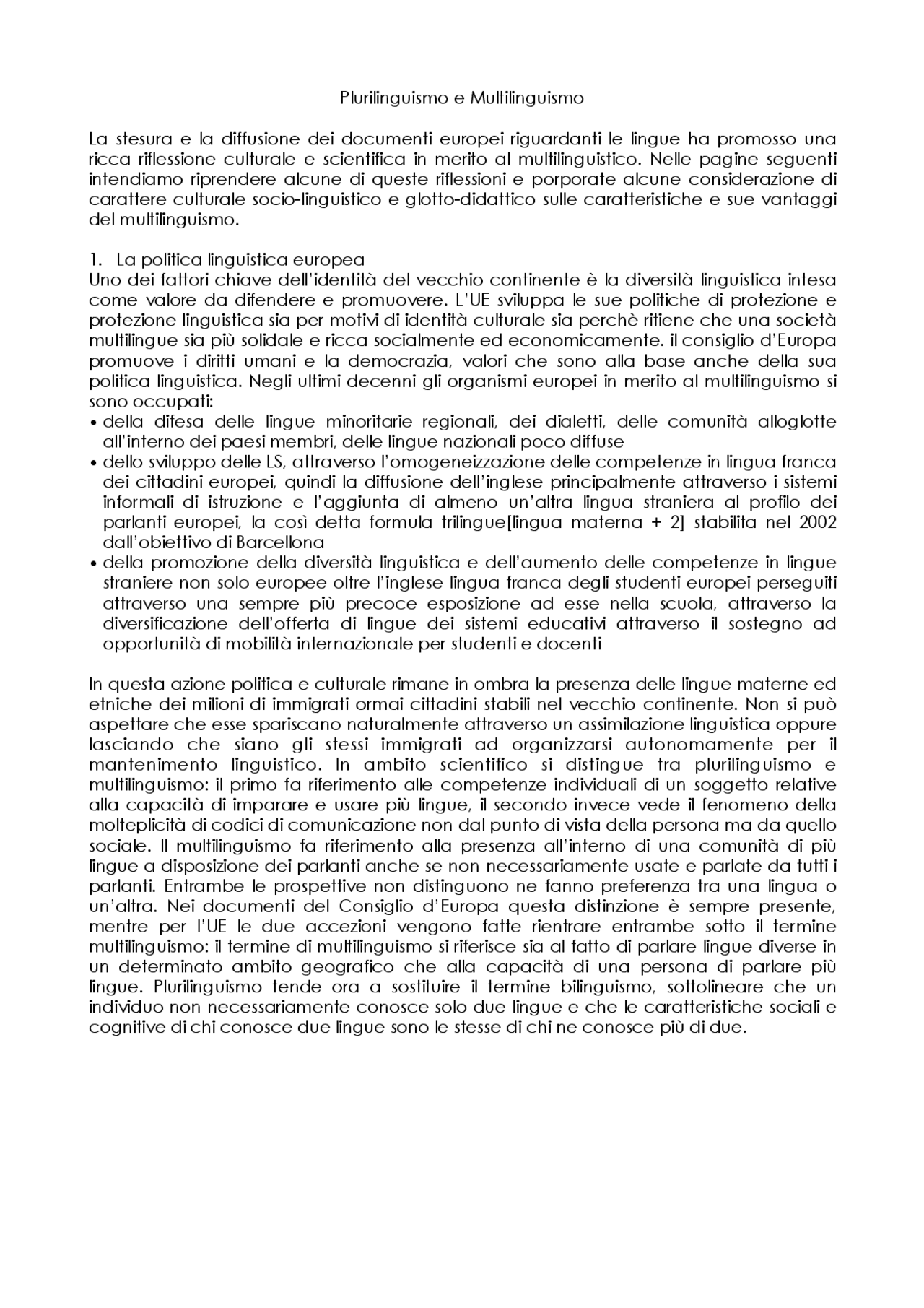 Plurilinguismo e multilinguismo in Europa per una Educazione plurilingue e interculturale - Docsity