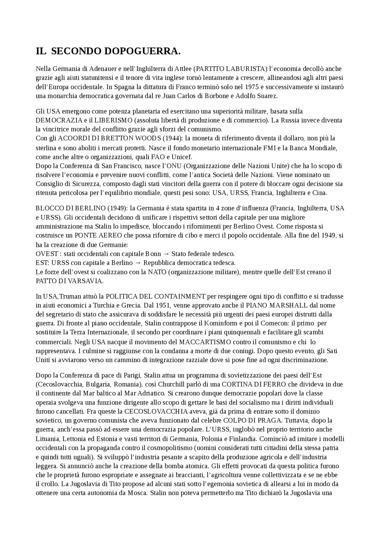 Riassunto Dal Secondo Dopoguerra Ai Nostri Giorni Docsity