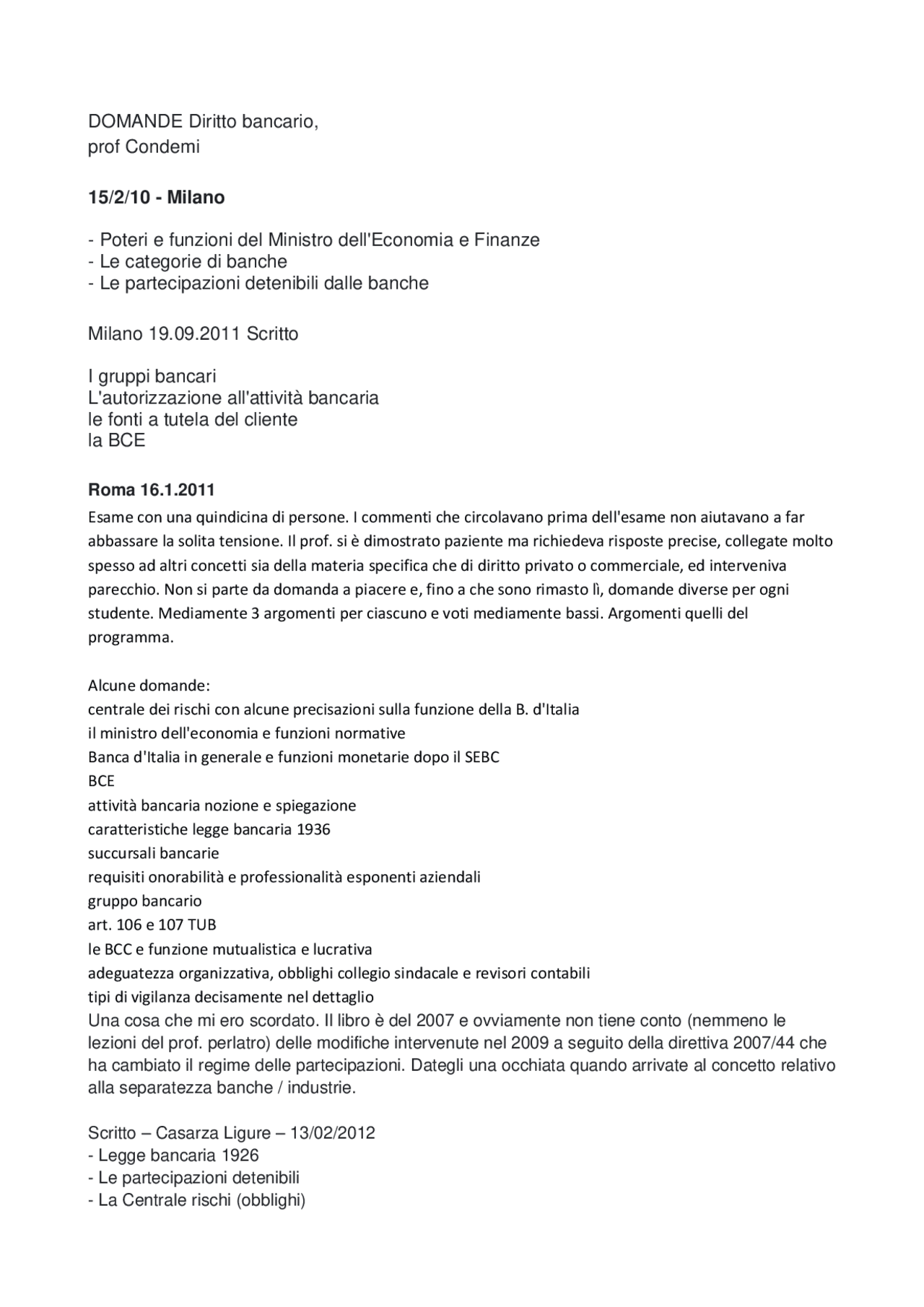 Domande Diritto Bancario Prof Condemi Docsity