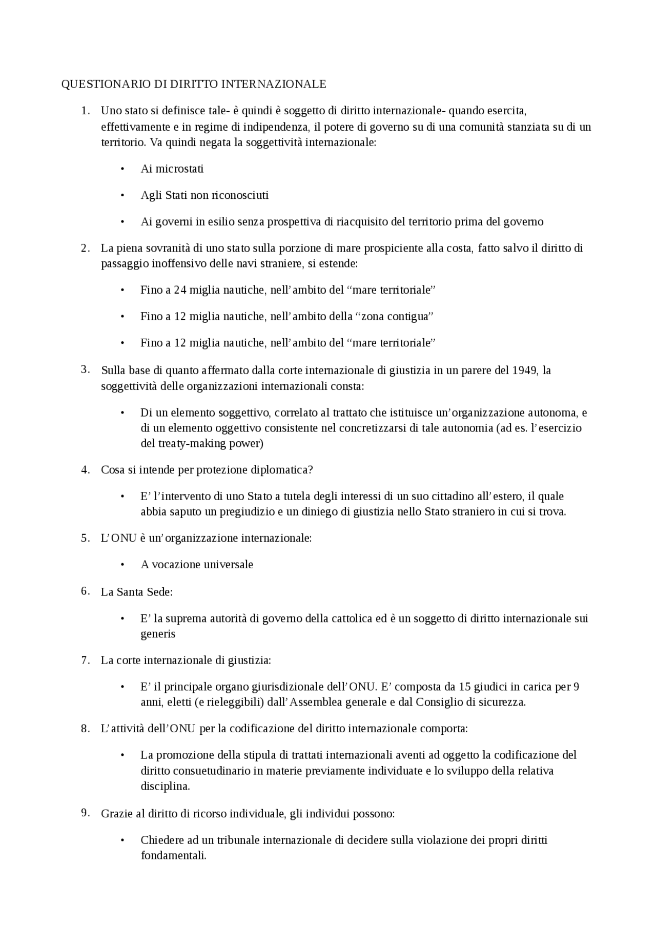 Test Desame Di Diritto Internazionale Docsity