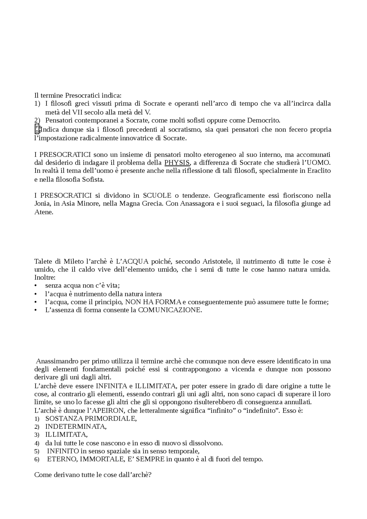 Riassunto Filosofia Dei Presocratici Docsity