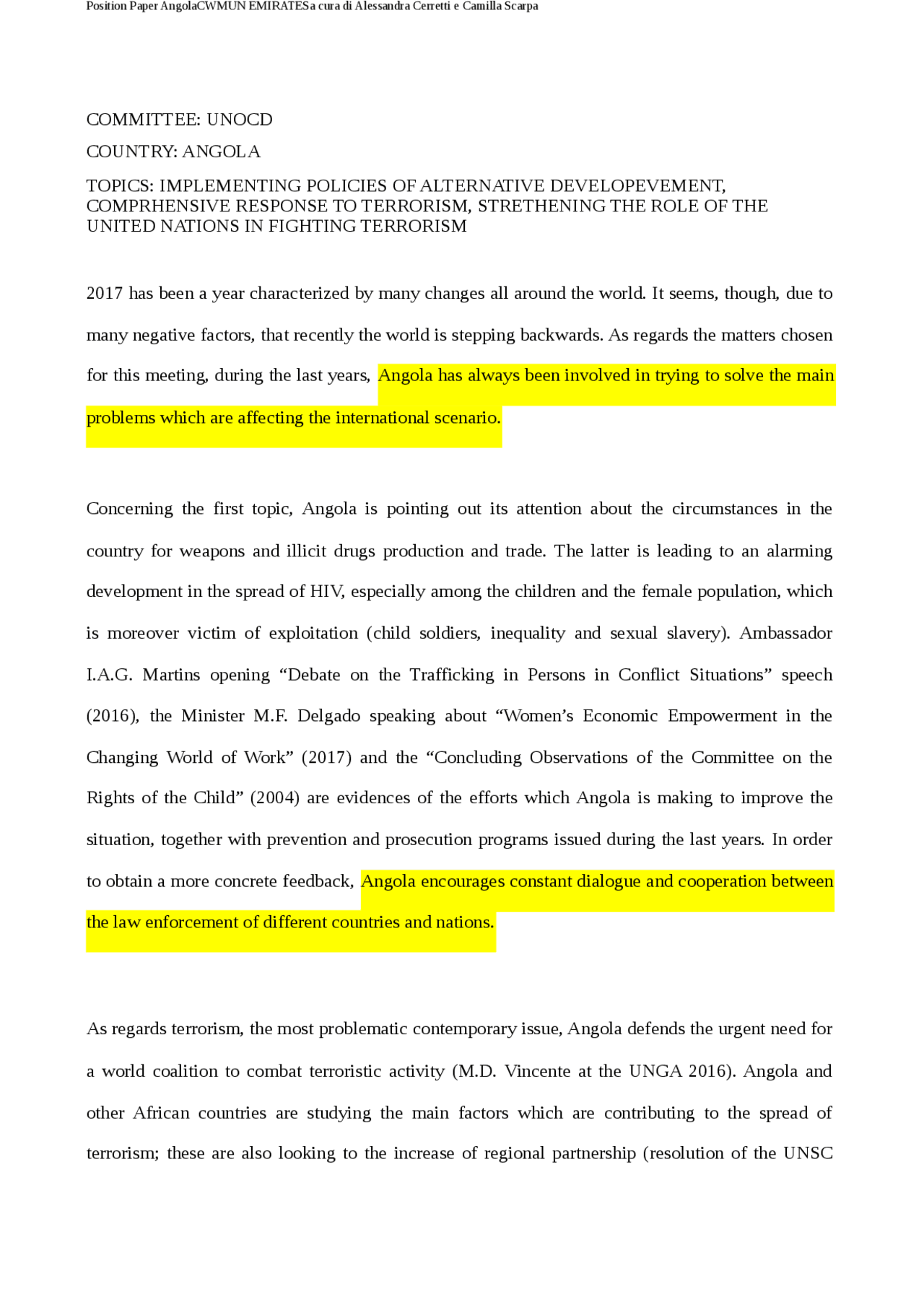 Esempio position paper UNODC | Prove d'esame di Diritto Internazionale | Docsity