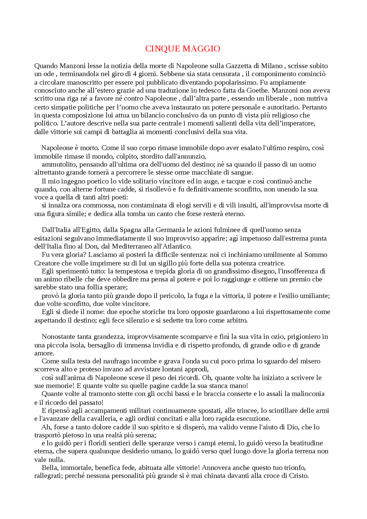 Commento E Riassunto Del 5 Maggio Appunti Di Italiano Docsity