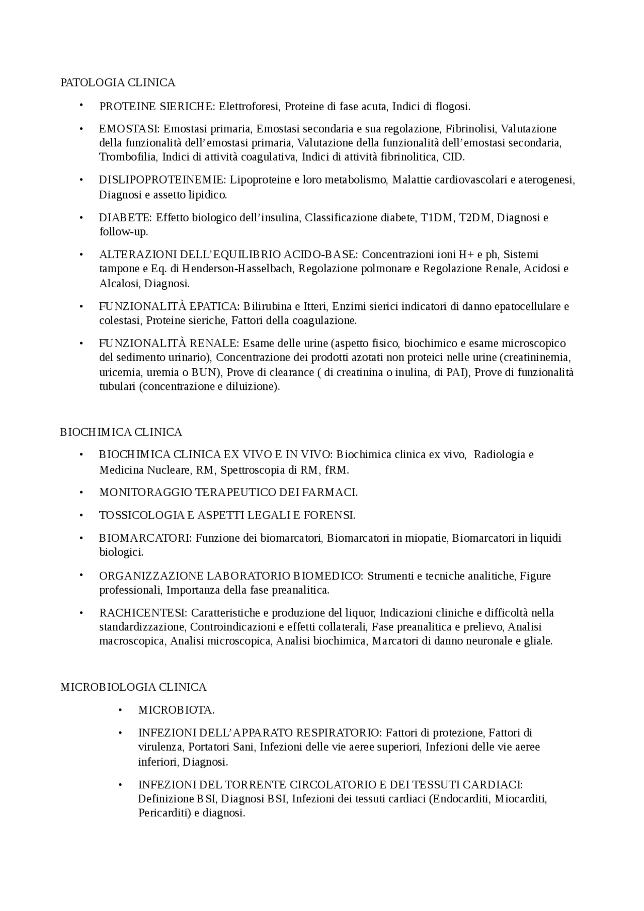 Programma Medicina di Laboratorio - Docsity