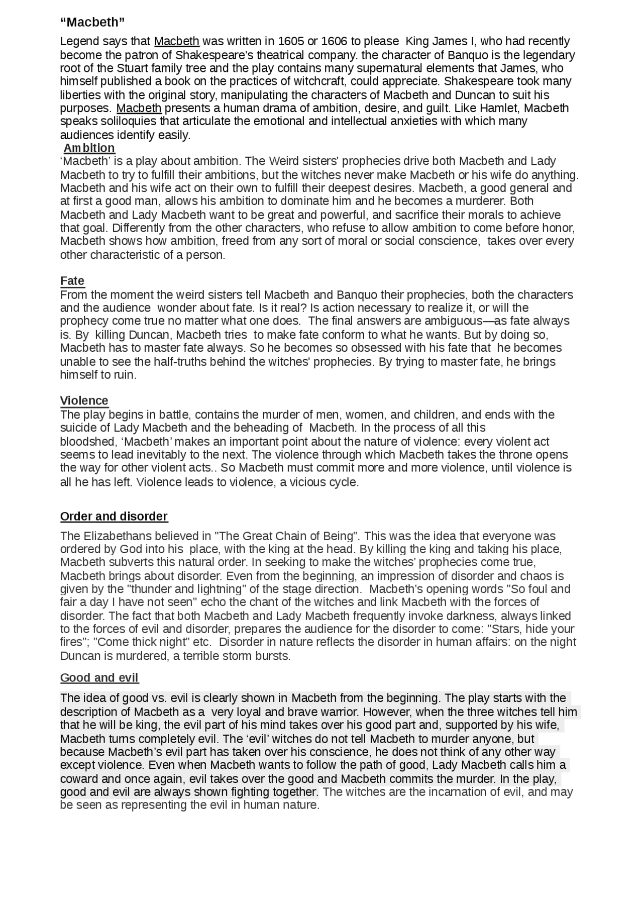 Themes In Macbeth William Shakespeare Docsity