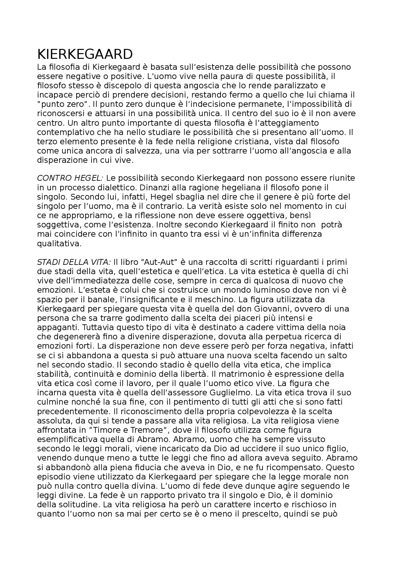 Riassunto Kierkegaard Docsity