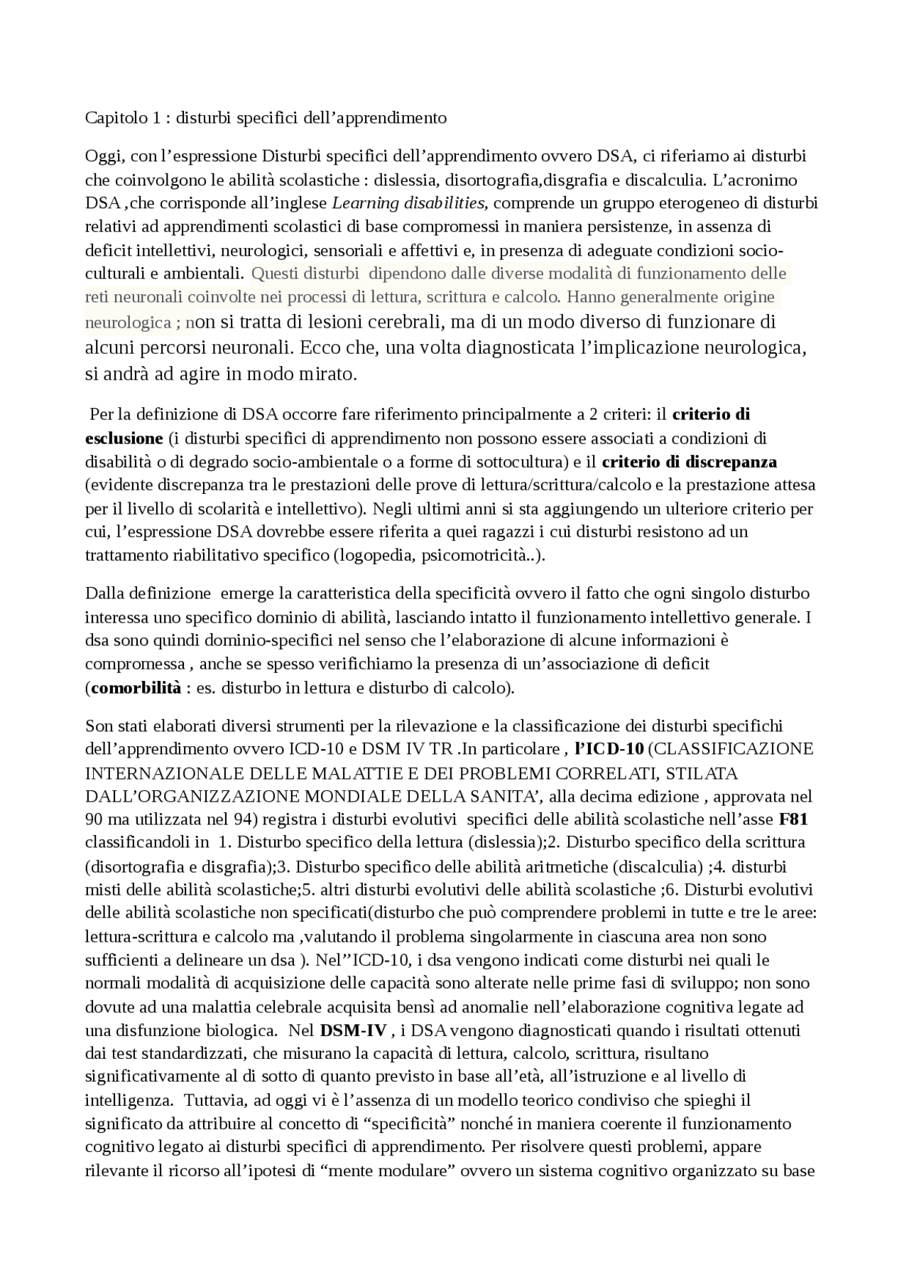 Riassunto Complessità E Multifattorialità Dei Dsa Docsity