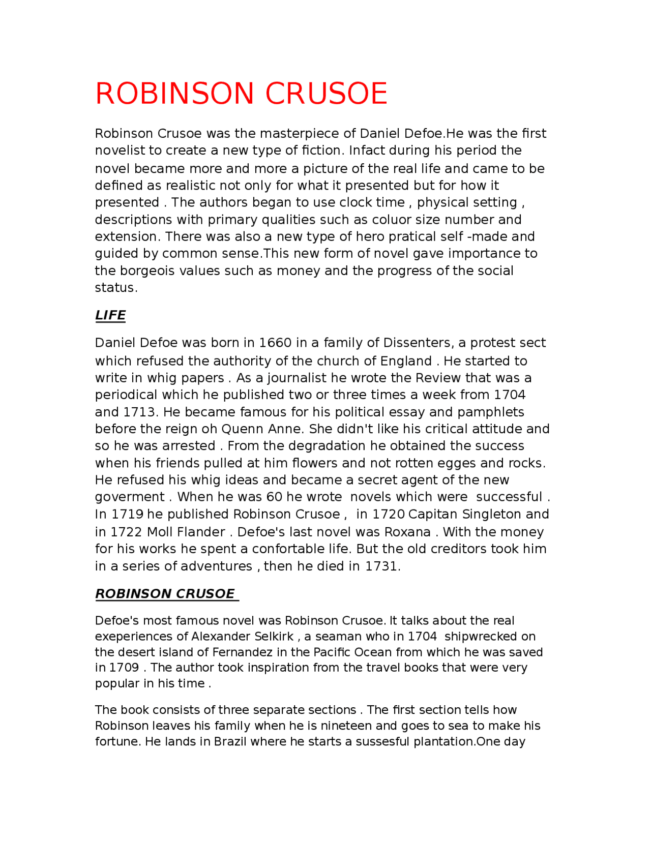 Robinson Crusoe Temi Personaggi Trama Temi Di Inglese Docsity
