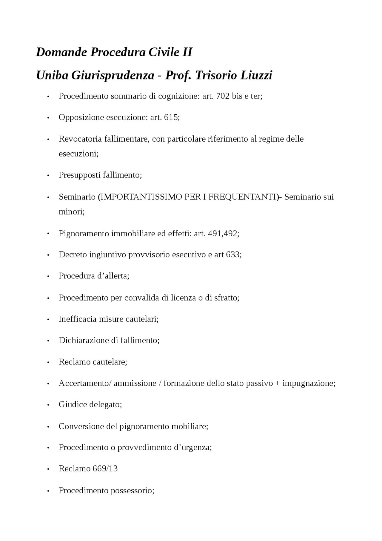 Domande Più Gettonate Di Diritto Processuale Civile Ii Uniba Docsity