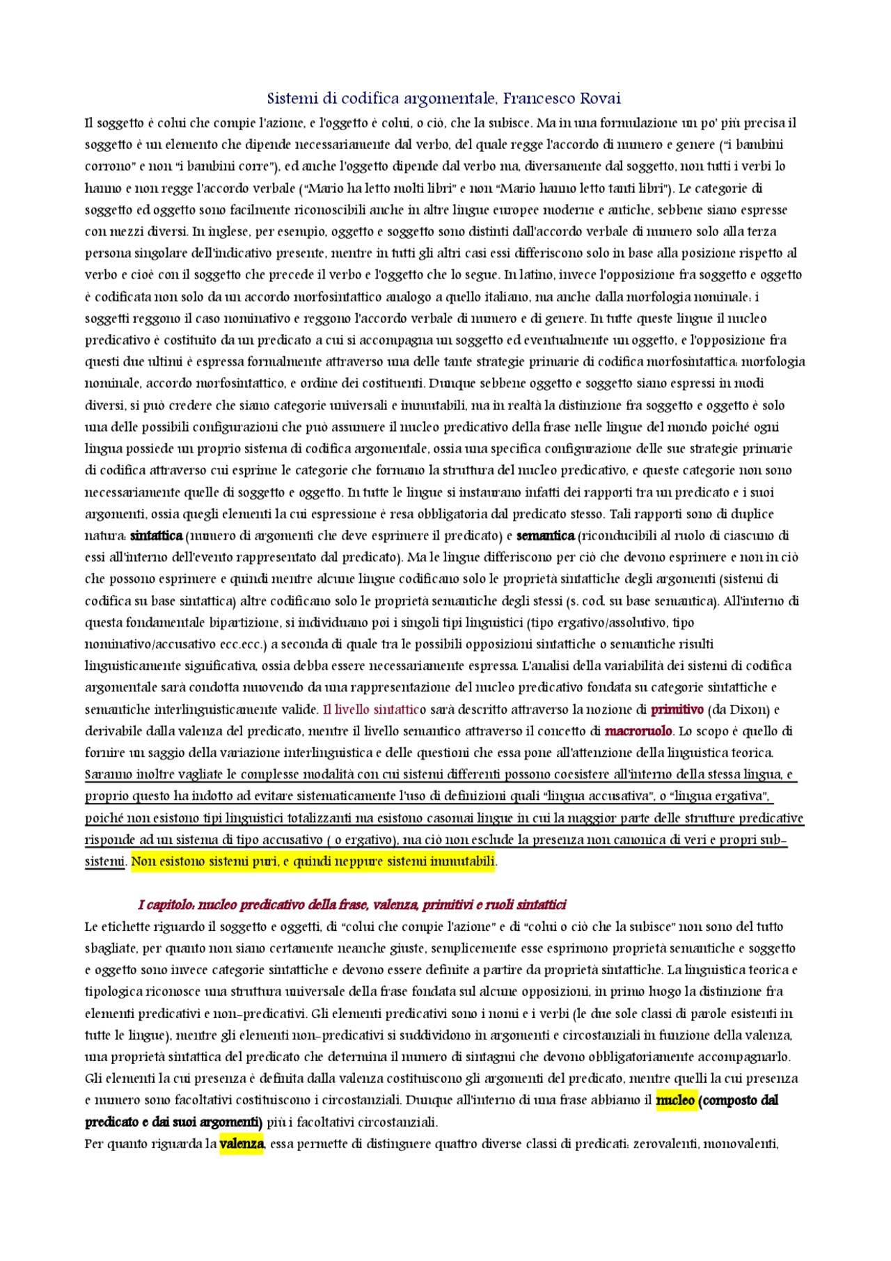 Riassunto del saggio "Sistemi di codifica argomentale" del professor Francesco Rovai - Docsity