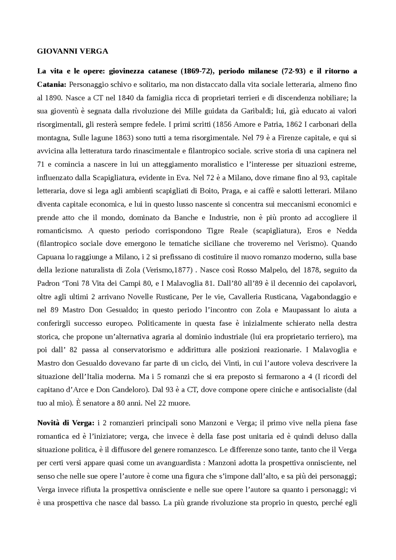 Giovanni Verga Sintesi Su Vita E Opere Docsity