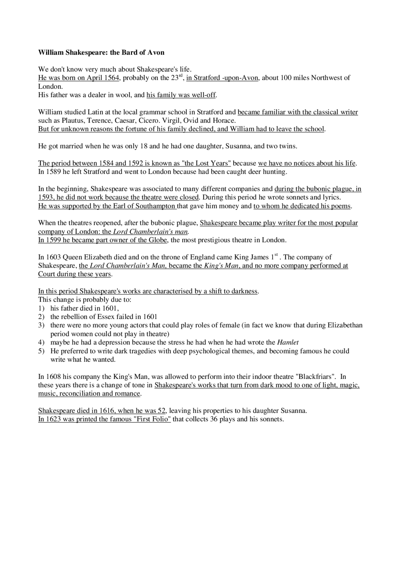 Short notes about Shakespeare's bio-bibliography - Docsity