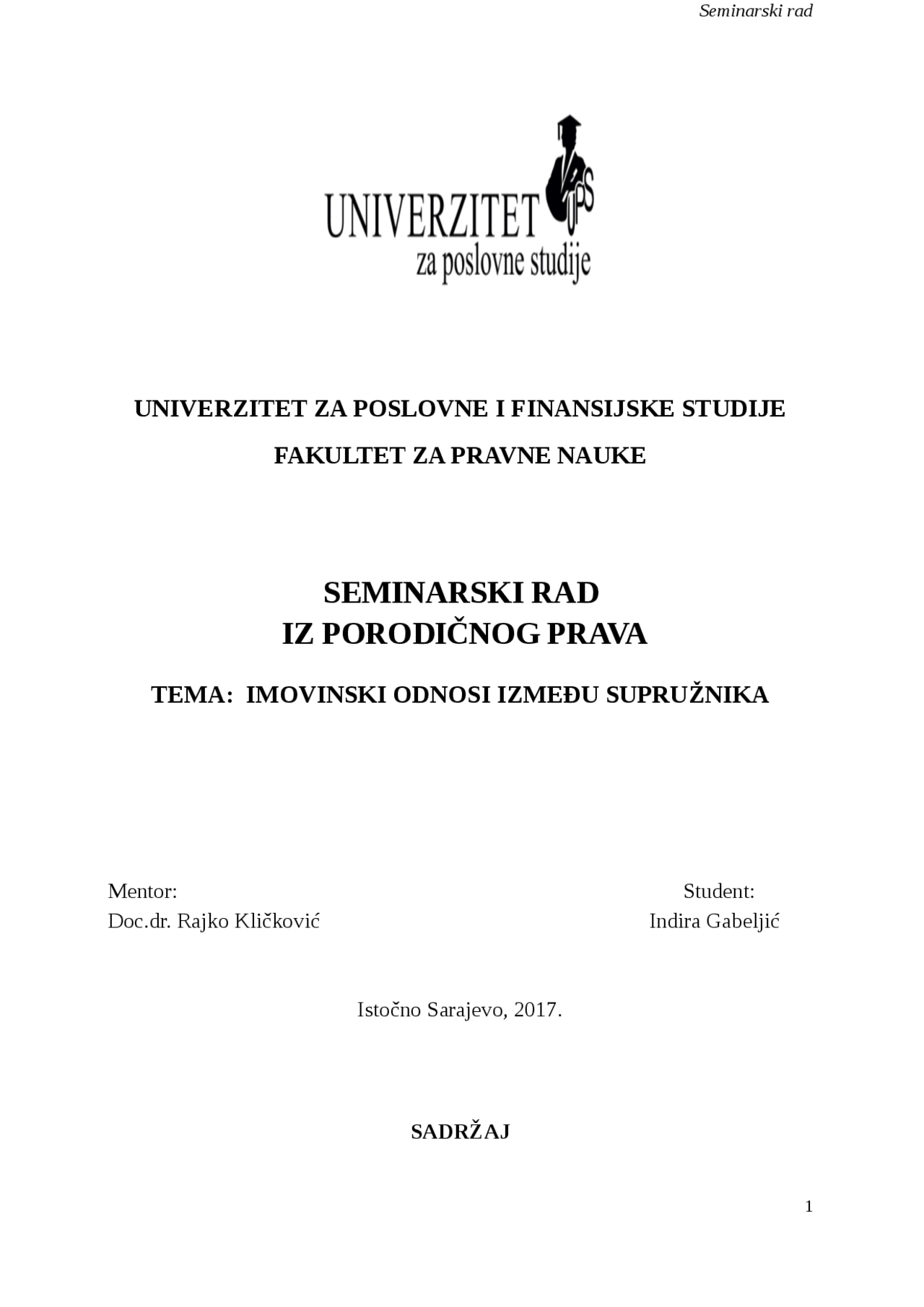 Seminarski rad tema "imovinski odnosi između supružnika" | Maturalni ...