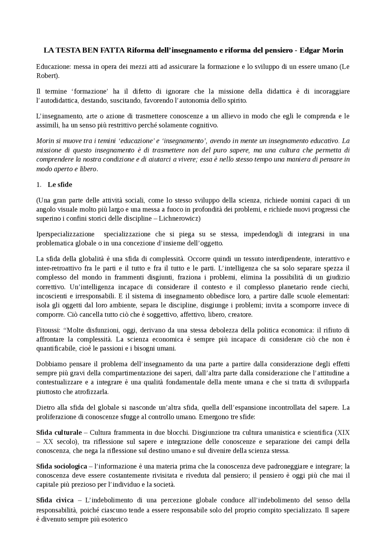 Riassunto La Testa Ben Fatta Docsity