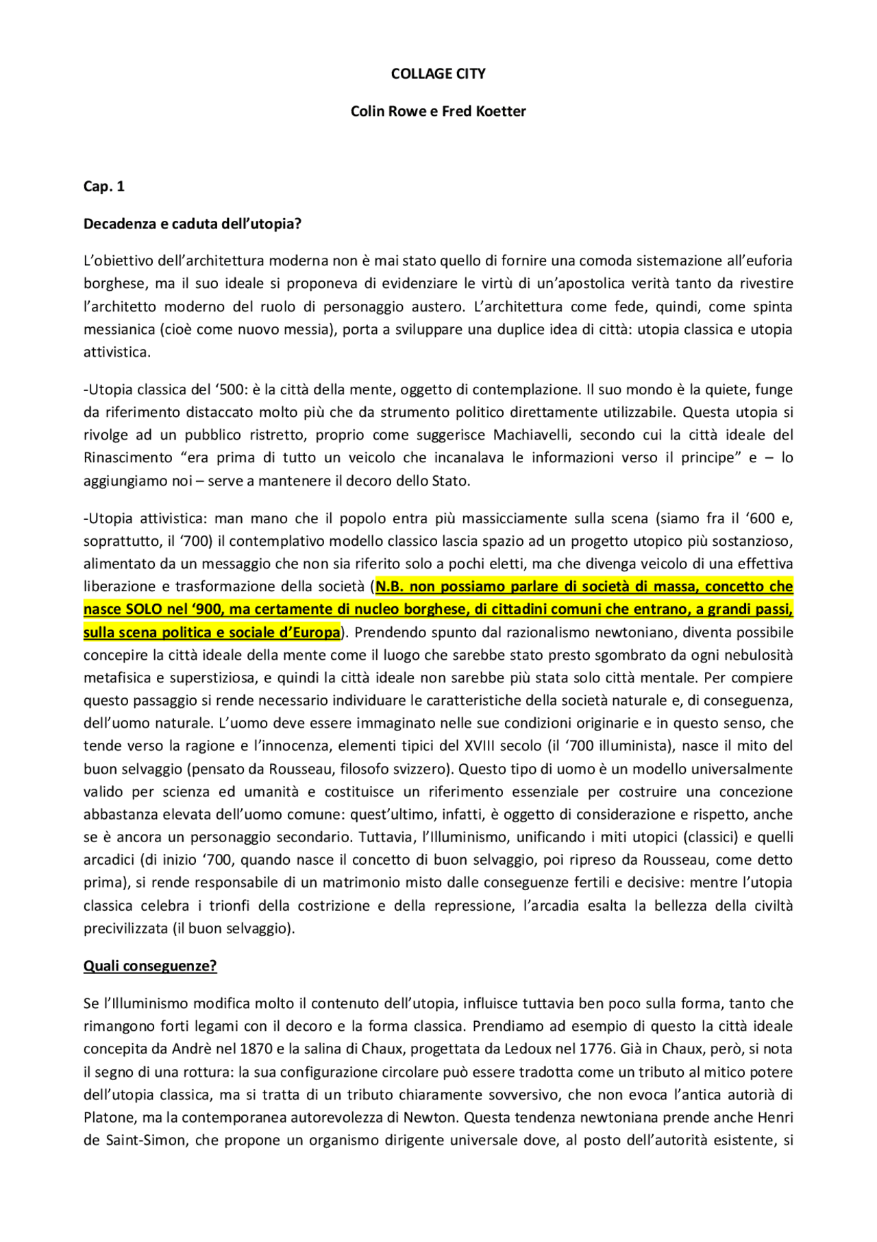 Riassunto Libro Collage City Docsity