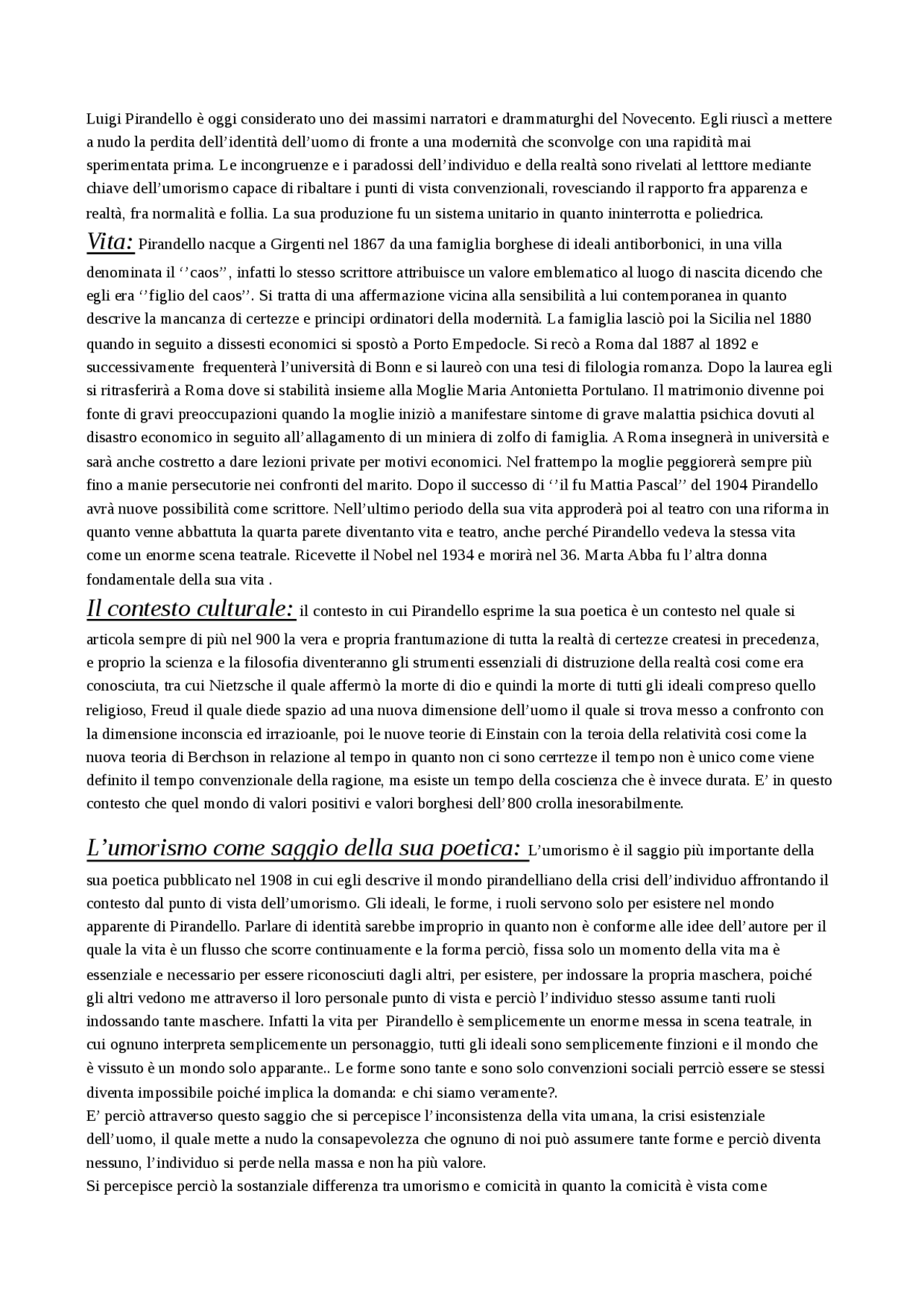 Riassunto Luigi Pirandello Docsity