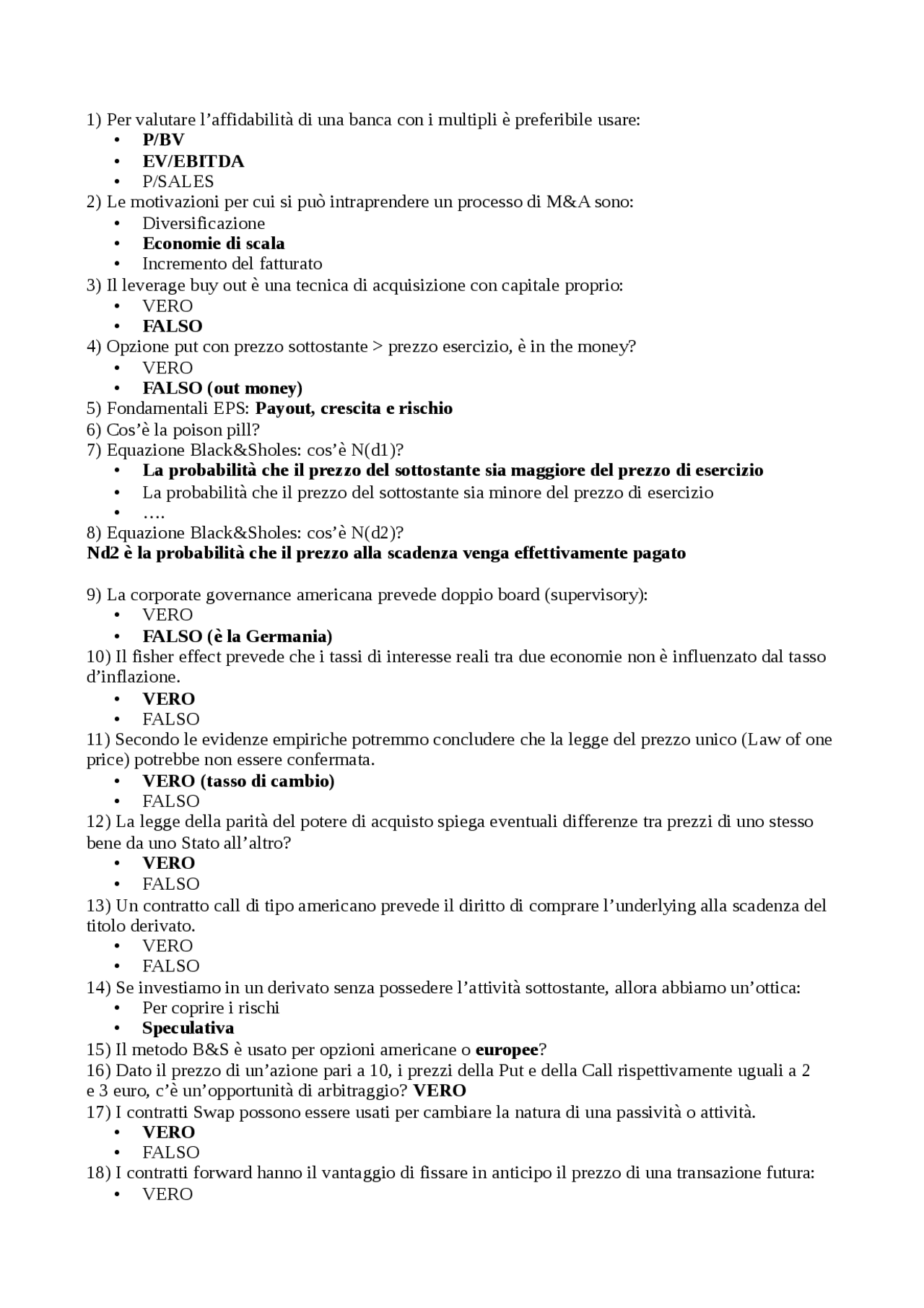 Domande Esame Finanza Prof Di Simone Cattolica Piacenza Docsity