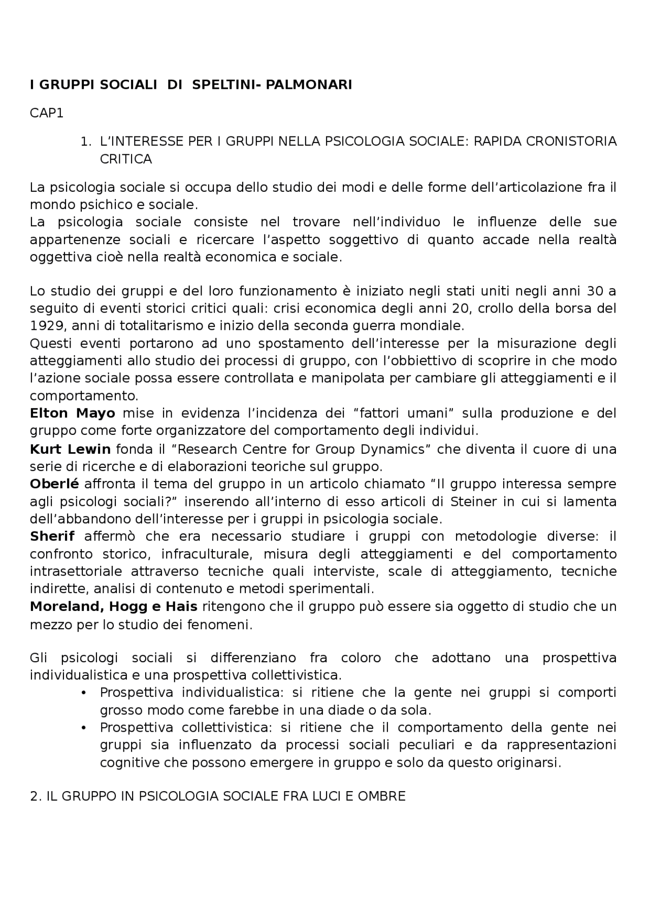 I Gruppi Sociali Palmonari E Speltini Docsity