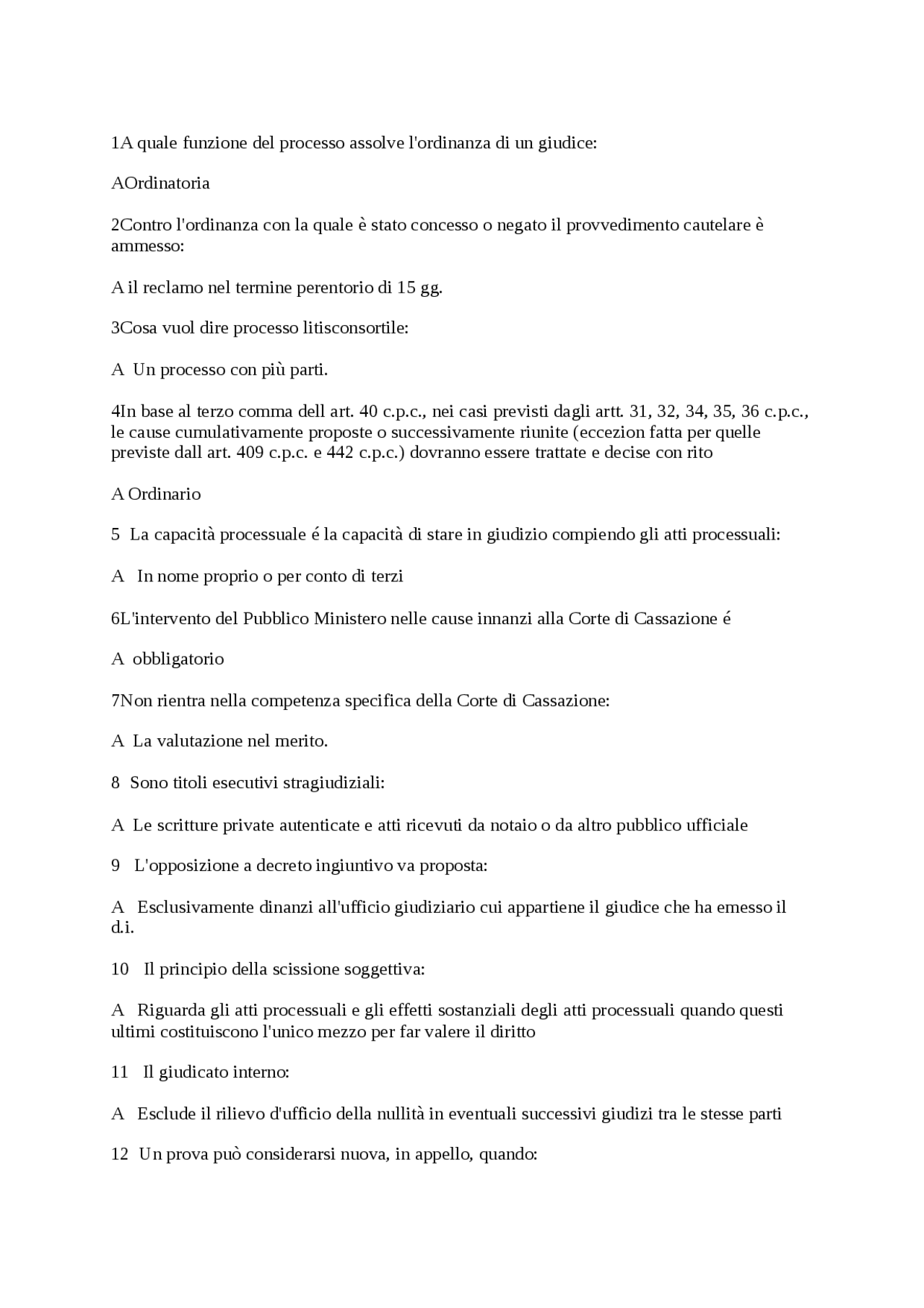 Test Diritto Processuale Civile Pegaso Docsity