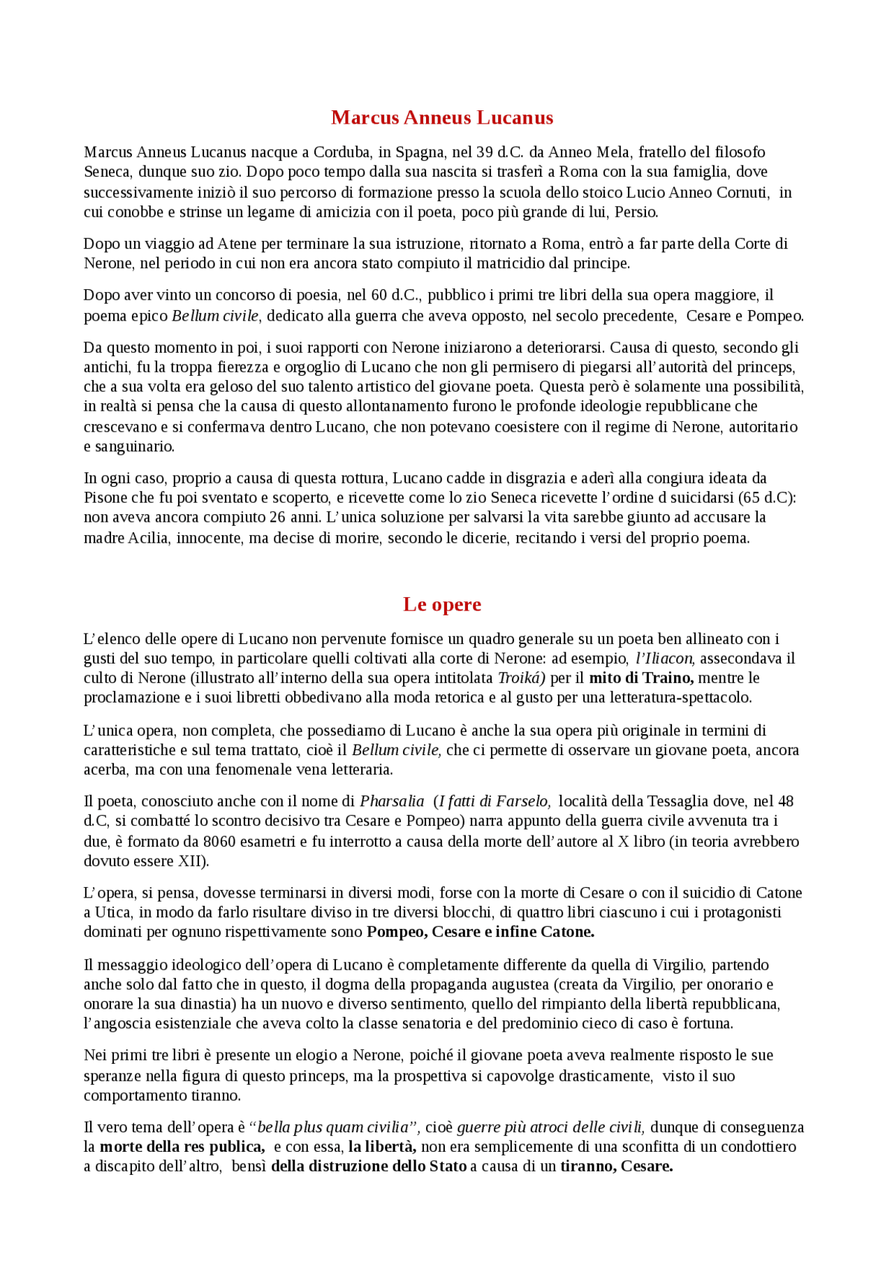 Lucano Vita Opere E Stile Docsity