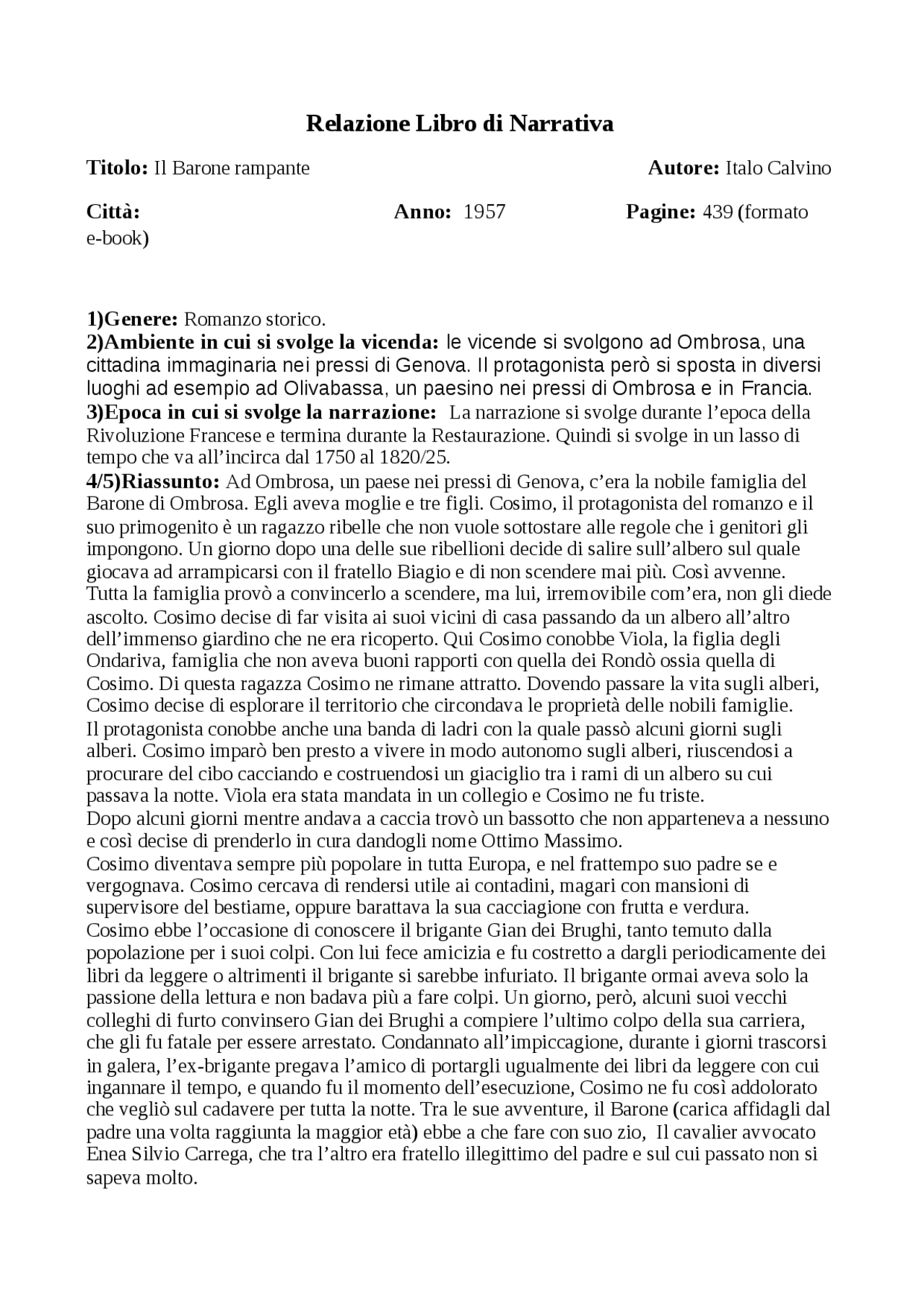Recensione Libro Il Barone Rampante Docsity