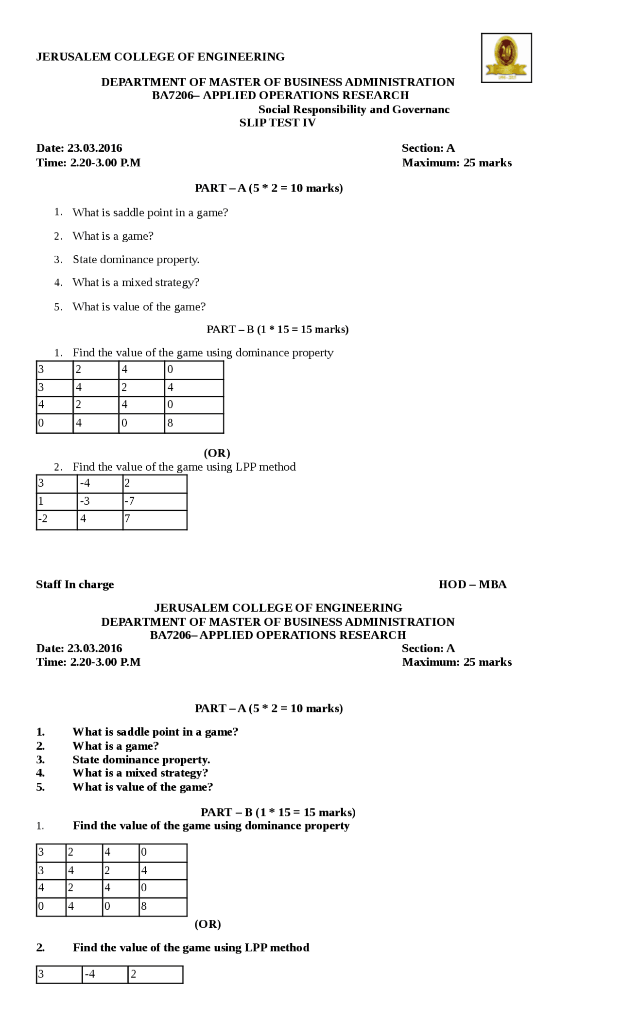 Operational Research Test Paper Docsity