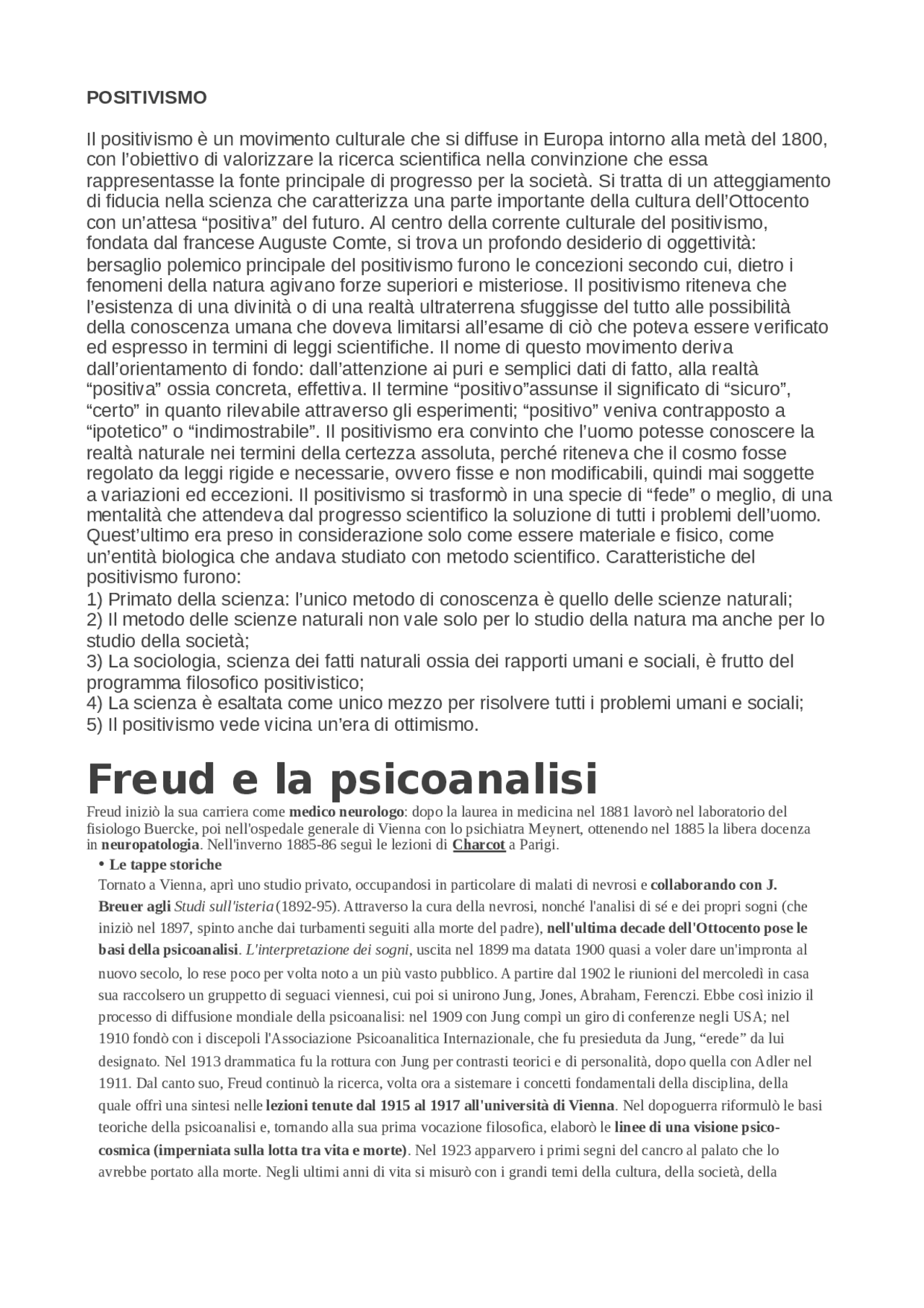 Positivismo Freud E Psicoanalisi Appunti Di Filosofia Docsity