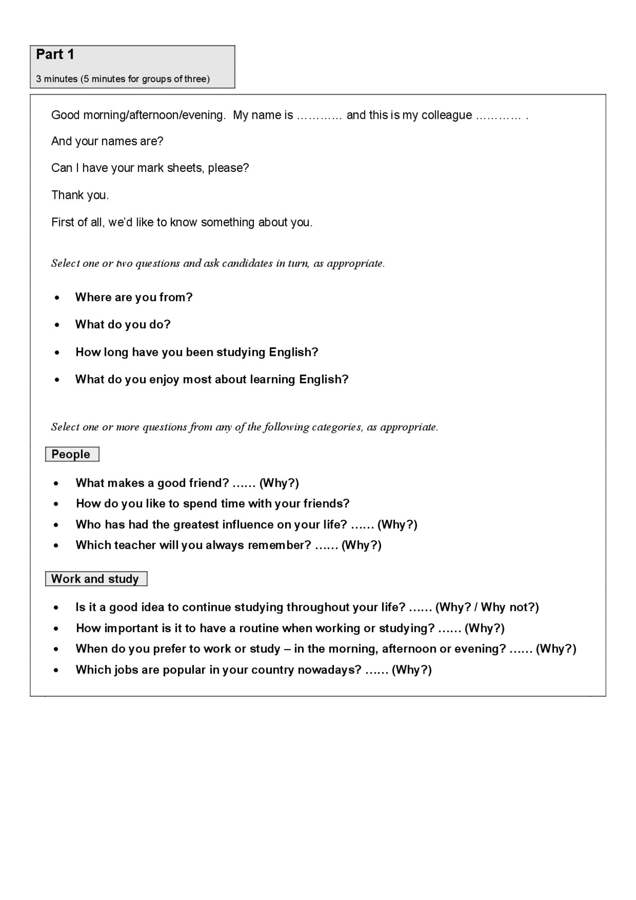 CAE Speaking Part 1 teacher handbook - Docsity