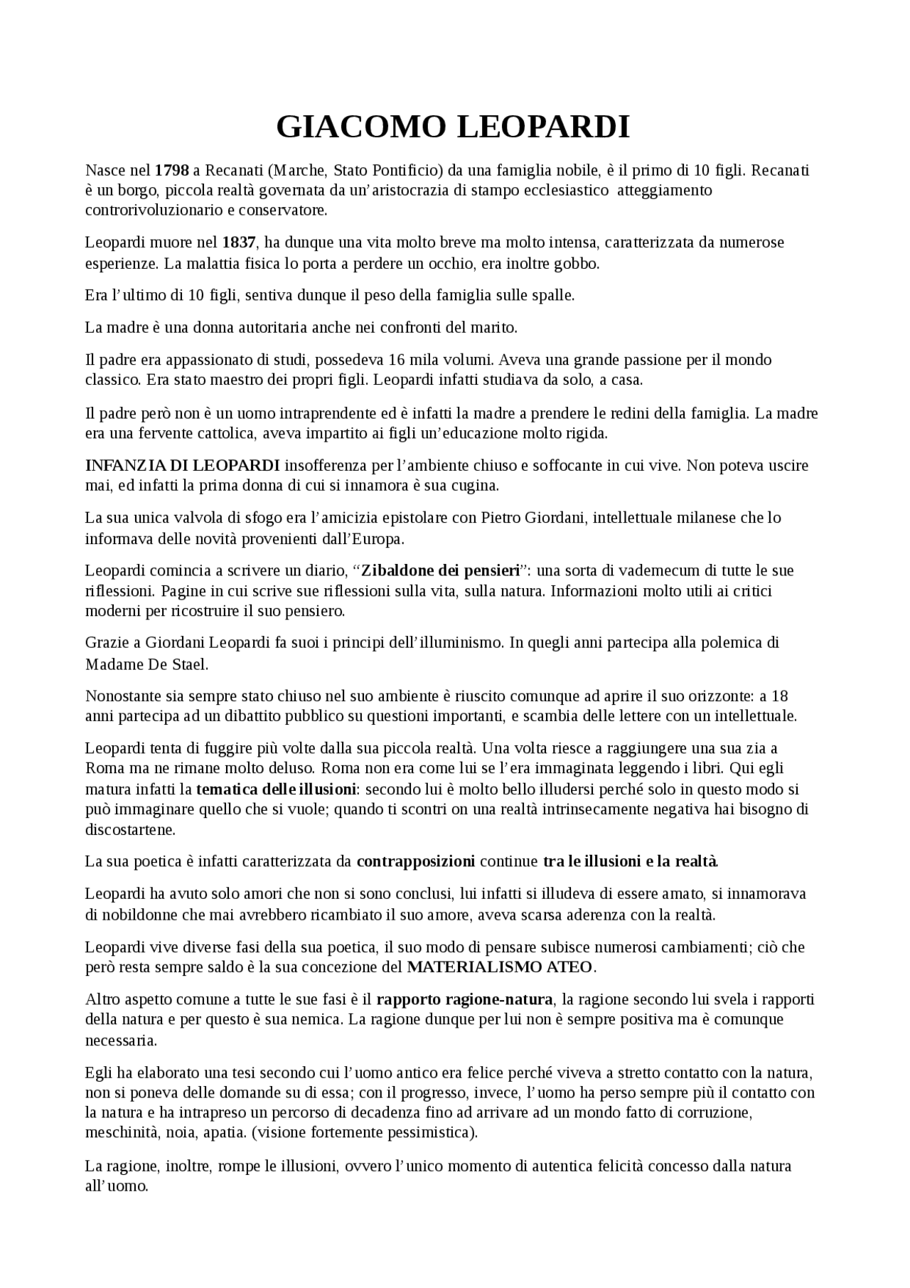 Giacomo leopardi 1798-1837 - Docsity