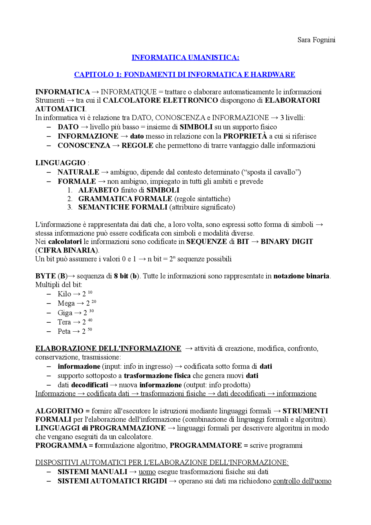 Riassunto Informatica Umanistica Docsity