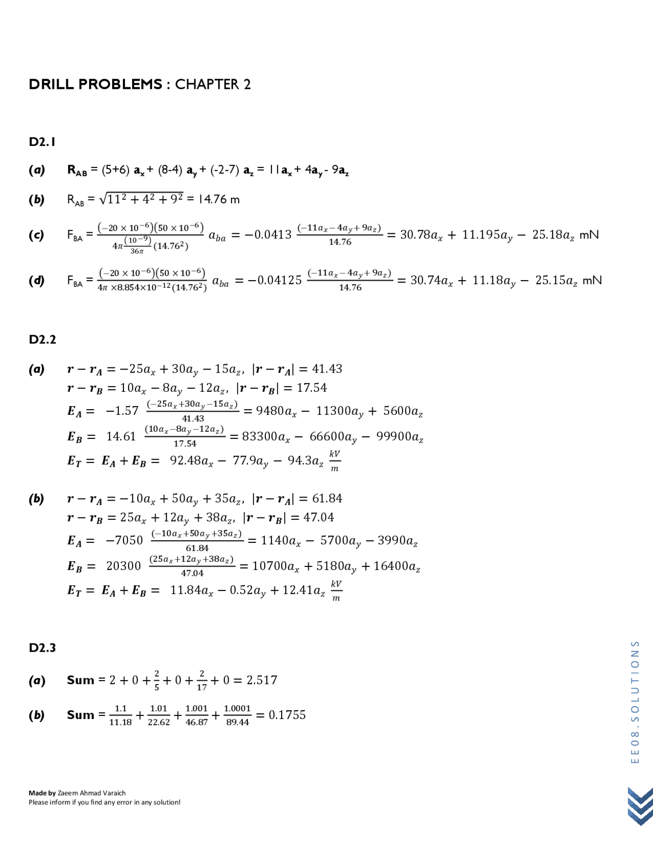 Electromagnetic theory Drill Problrm Sol - Docsity
