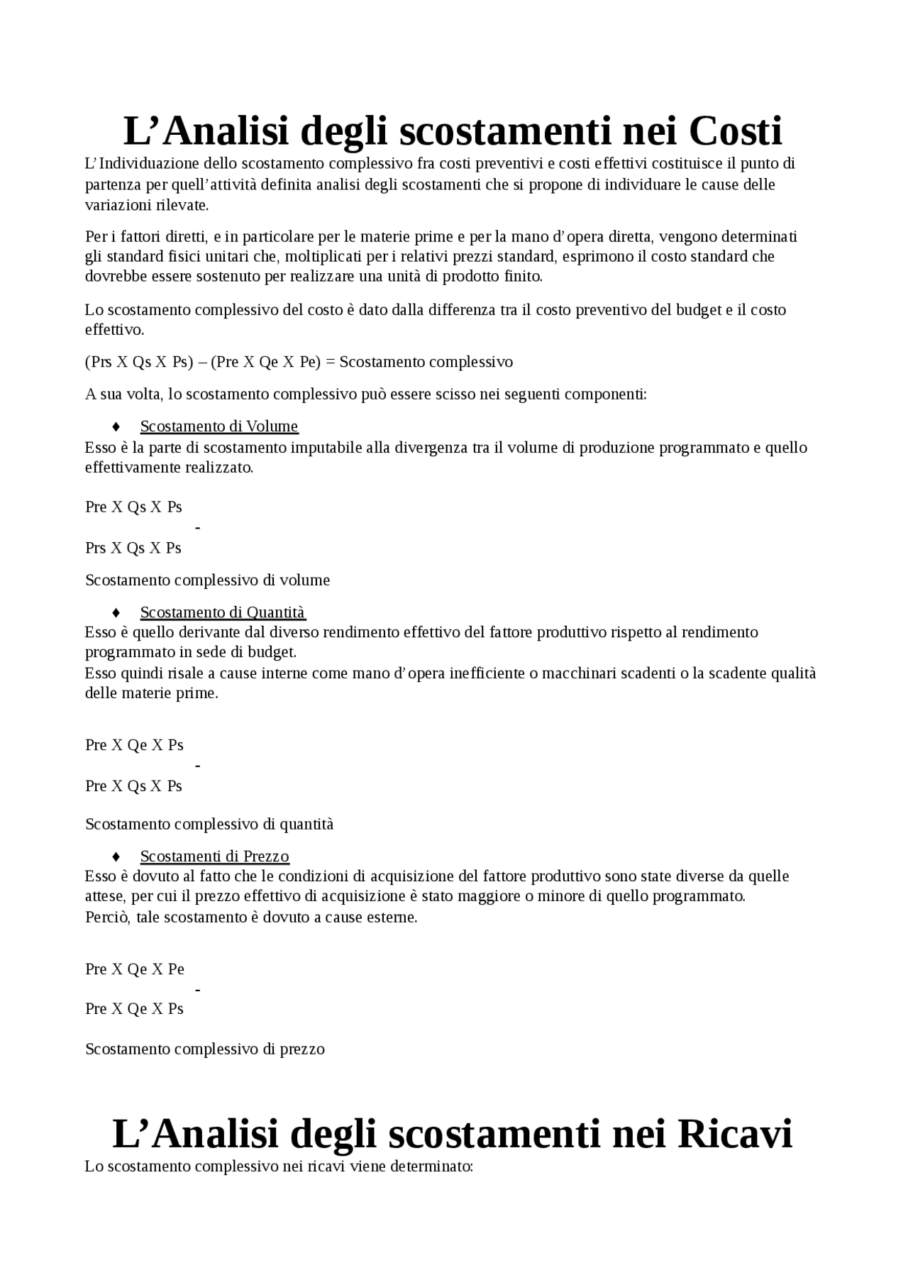 Analisi Degli Scostamenti Sui Costi E Sui Ricavi Docsity