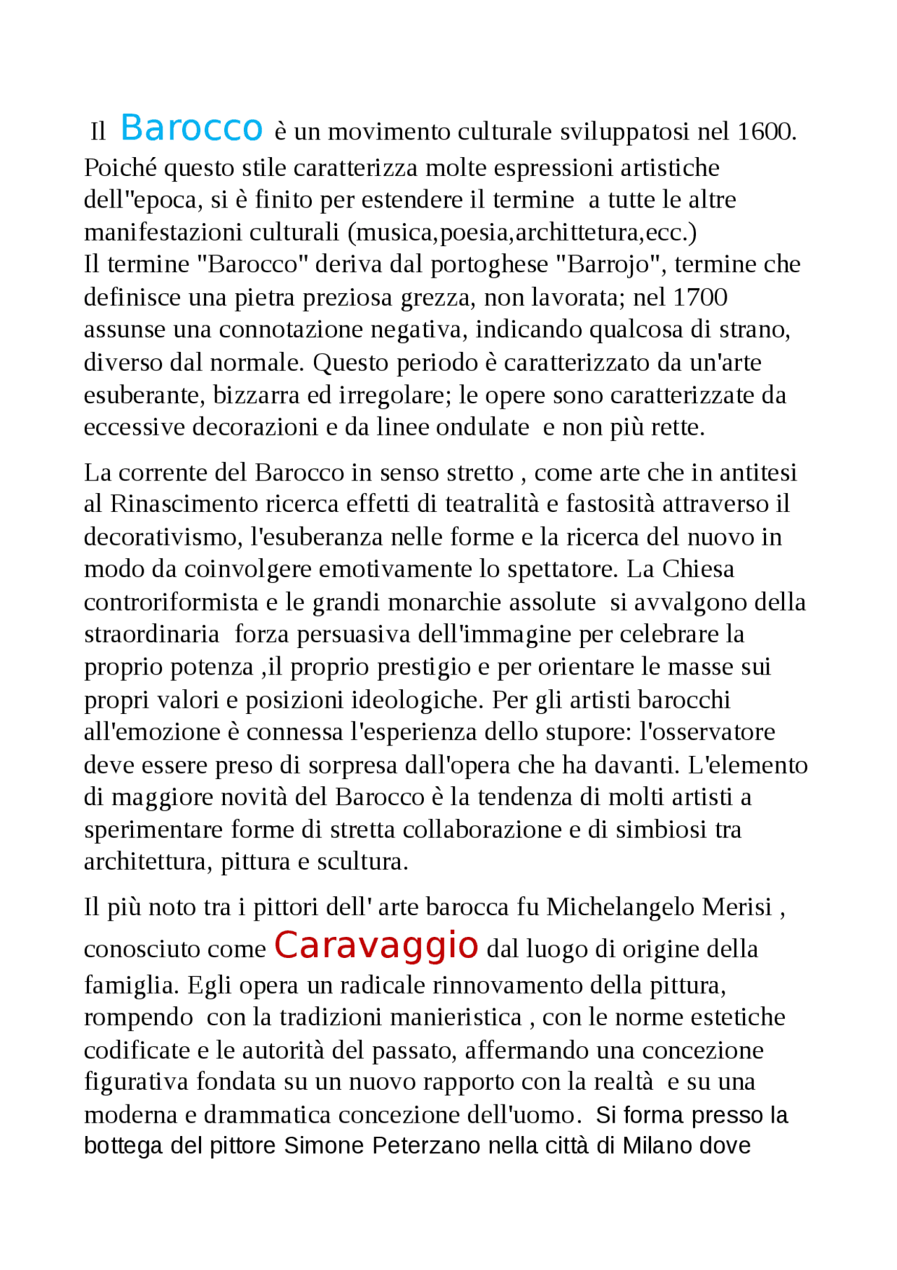 Barocco E Caravaggio Docsity
