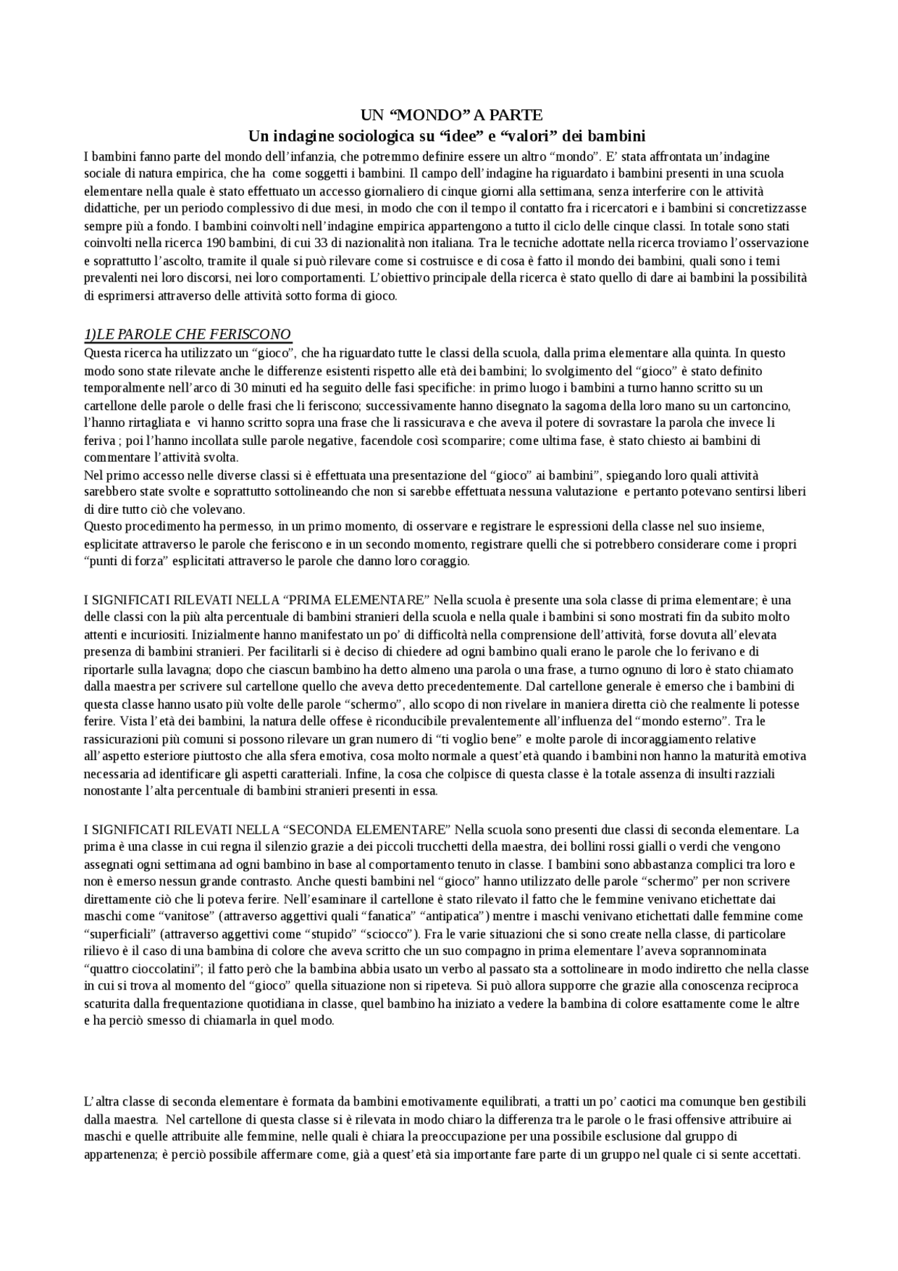 Un'indagine sociologica su «idee» e «valori» dei bambini - Docsity