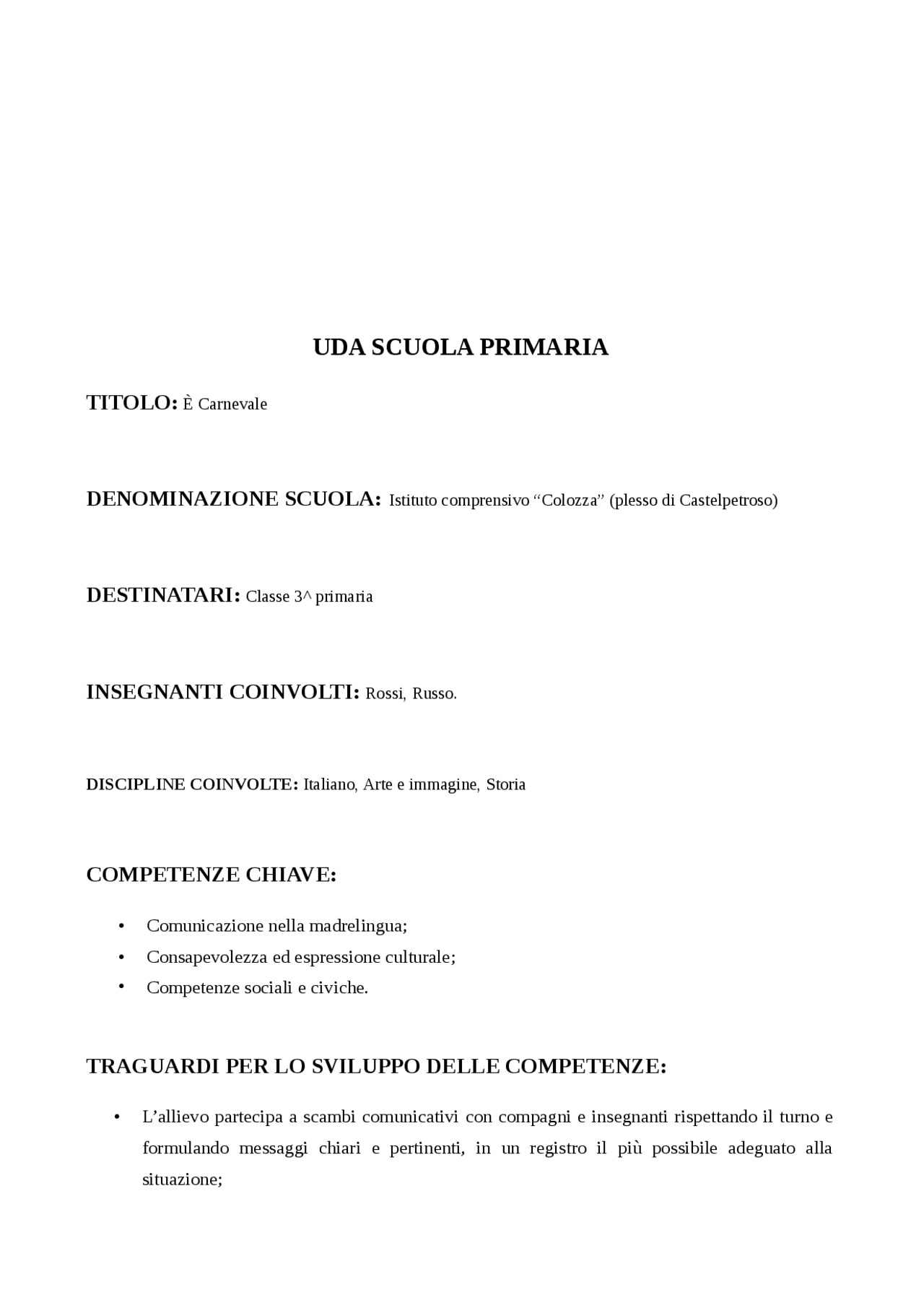 Esempio Di Un Unità Di Apprendimento Uda Docsity