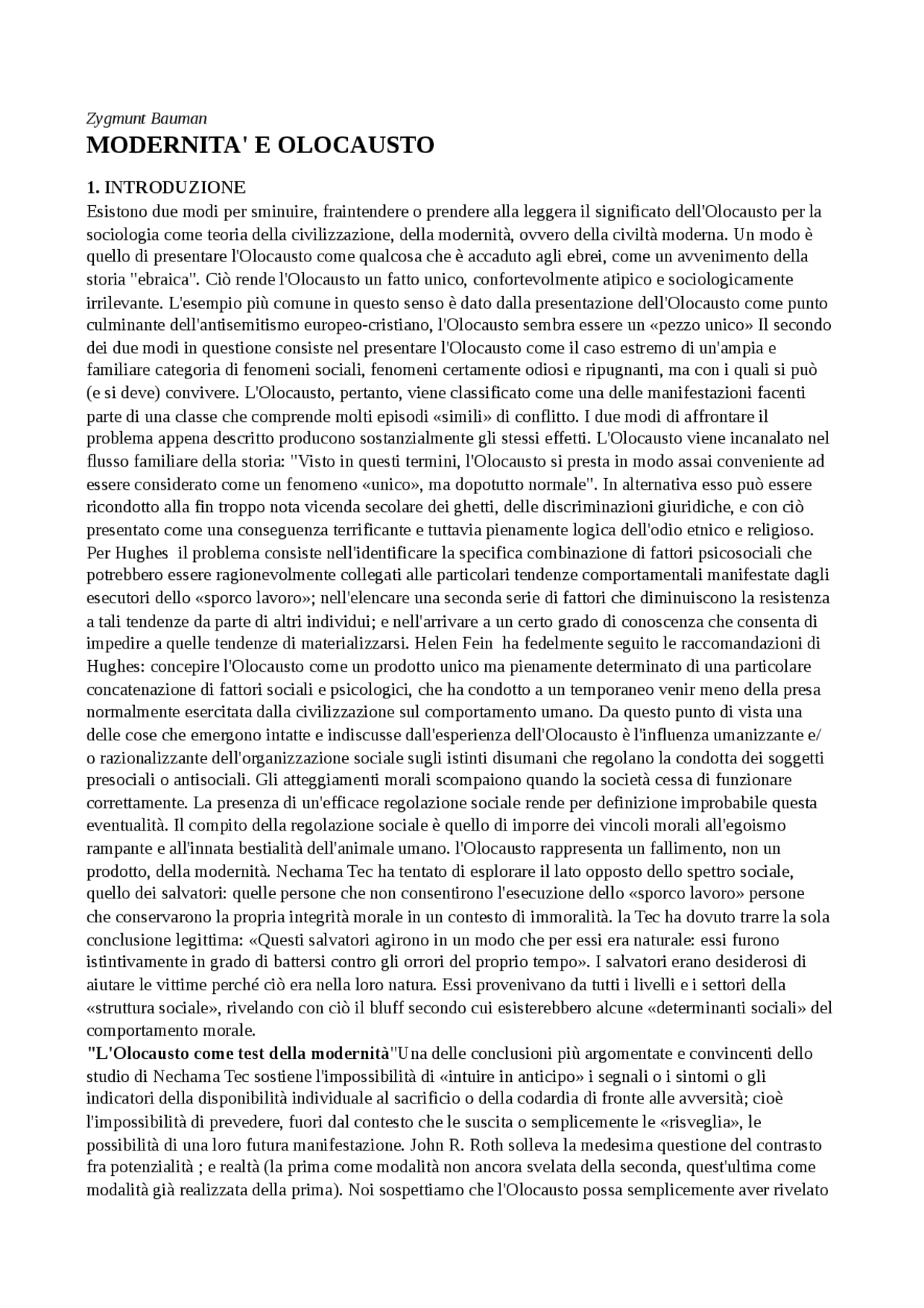 Modernità E Olocausto Docsity