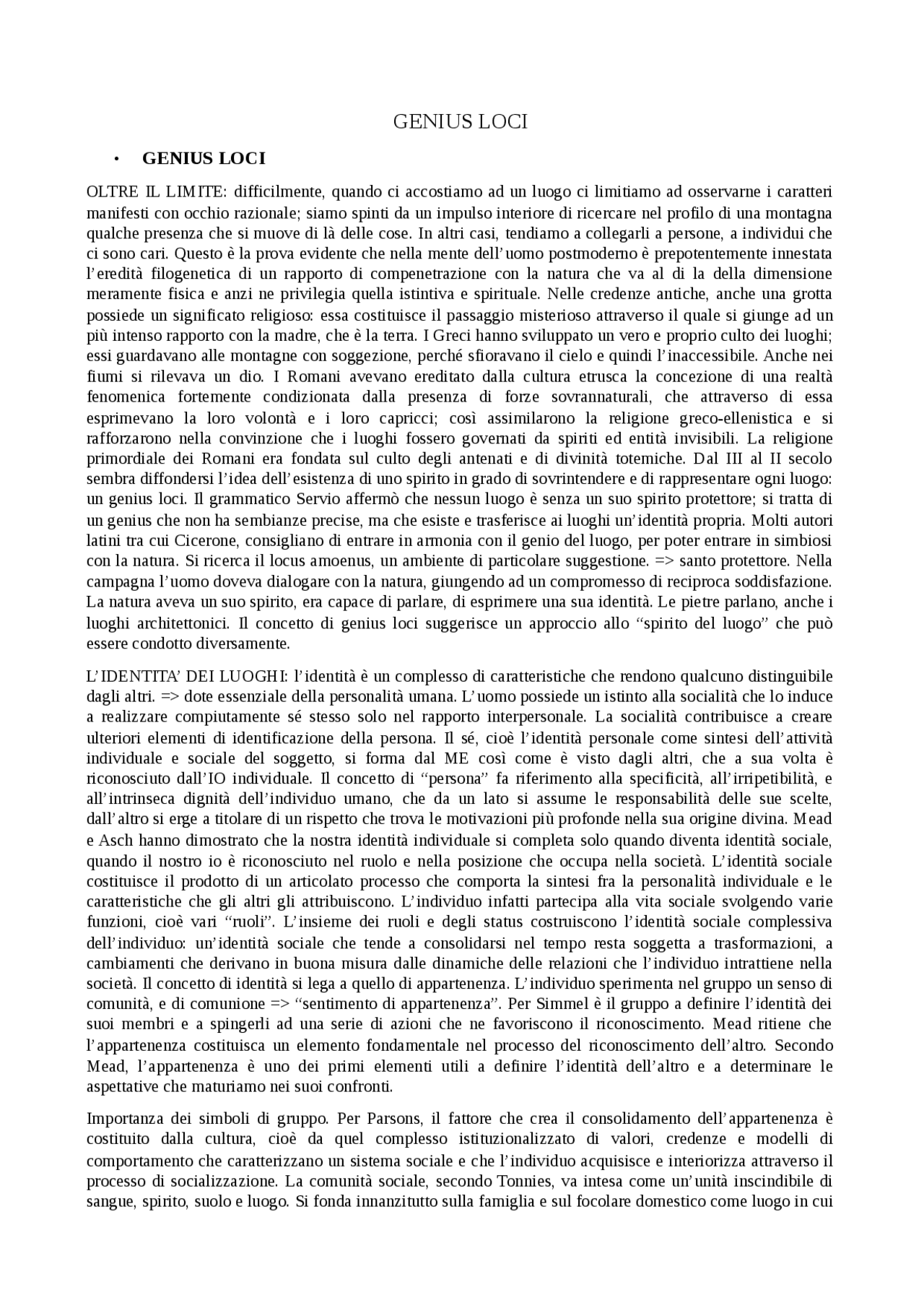 Genius loci - processi culturali - Docsity