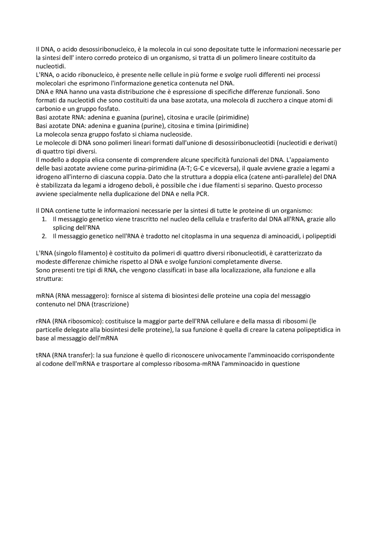 Gli Acidi Nucleici Riassunto Docsity