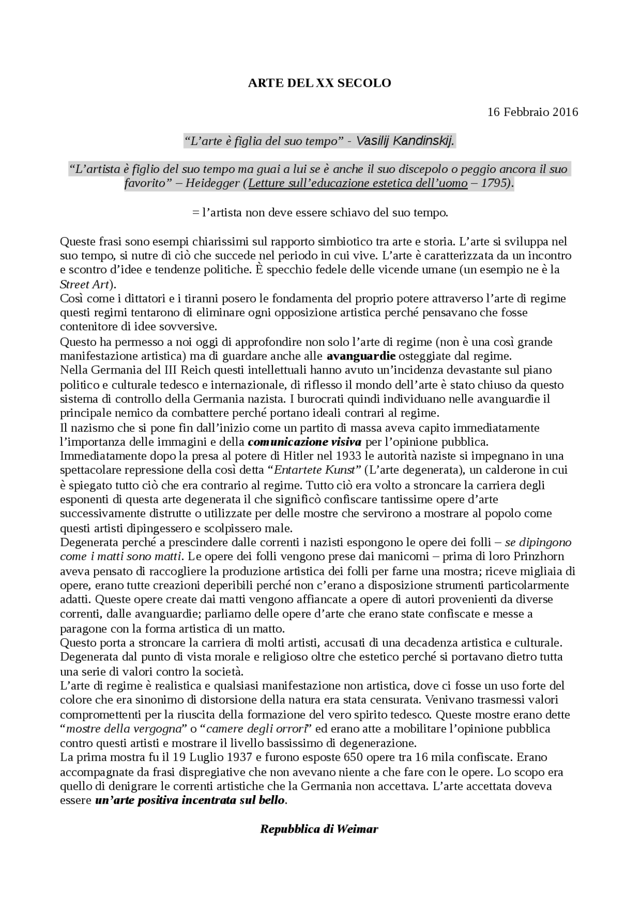 Arte Del Ventesimo Secolo Docsity