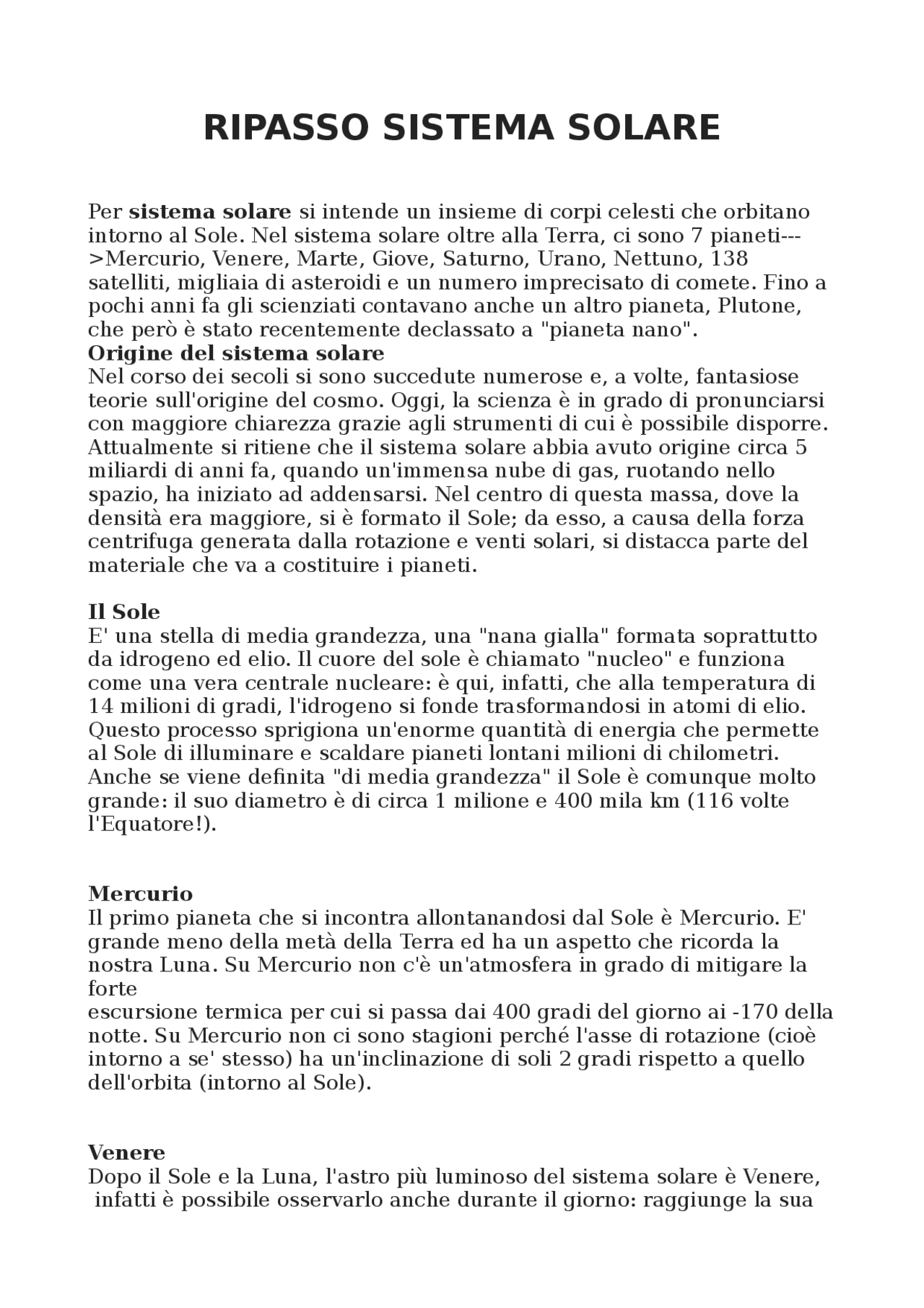 Appunti Sul Sistema Solare Per Licei Docsity