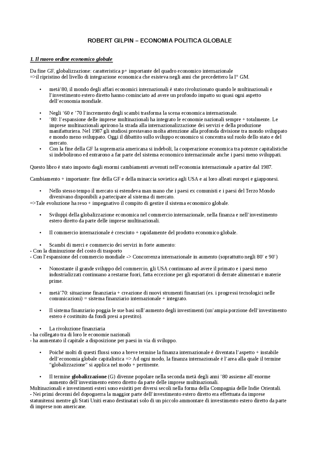 ROBERT GILPIN – ECONOMIA POLITICA GLOBALE - Docsity